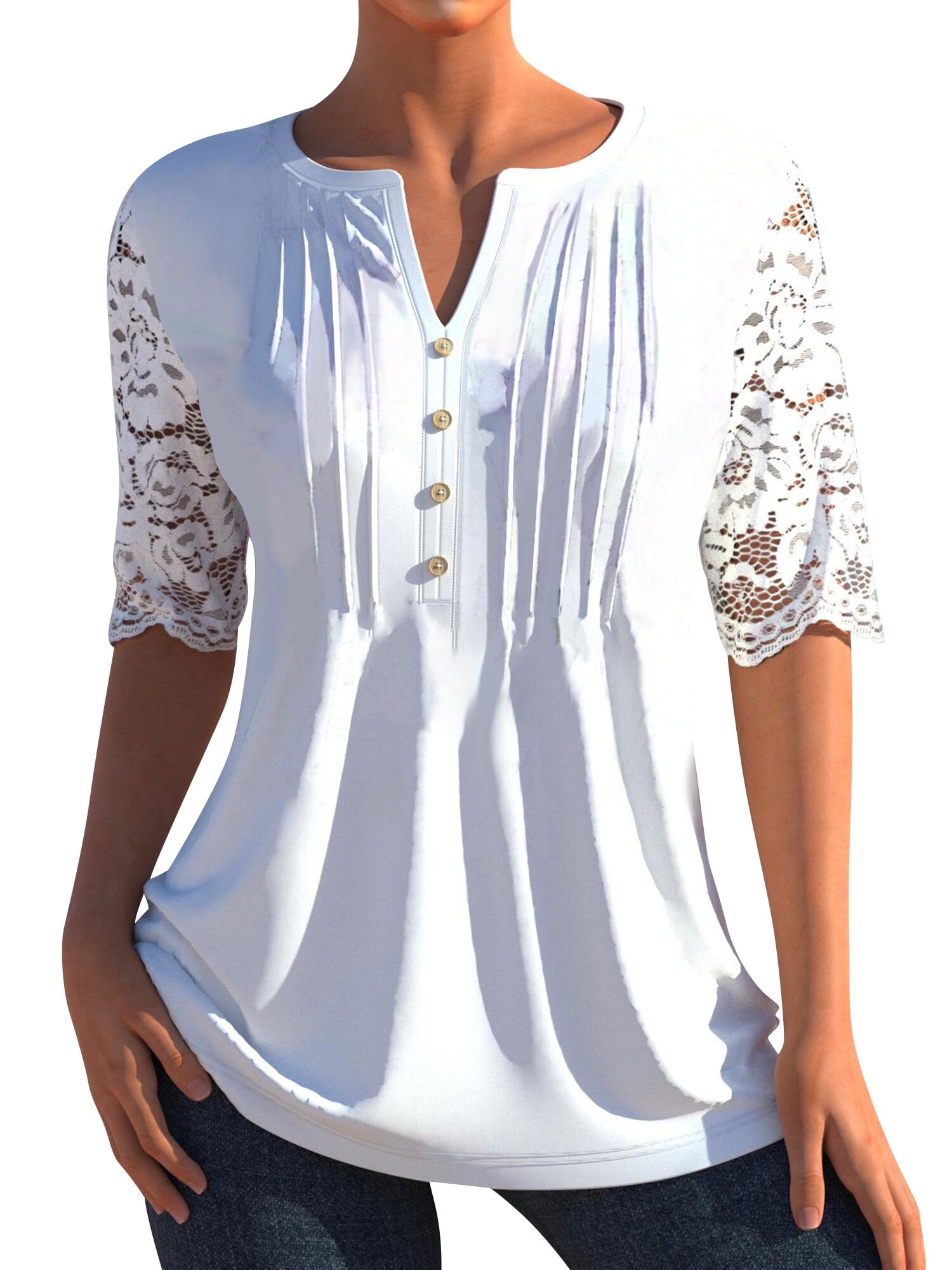 HUBERY Women Lace Floral Half Sleeve Button V Neck Pleated Tunic Top ...