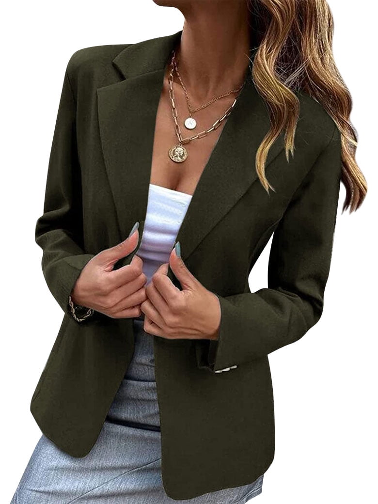 HUBERY Women Lapel Collar Button Long Sleeve Tunic Solid Color Blazer ...