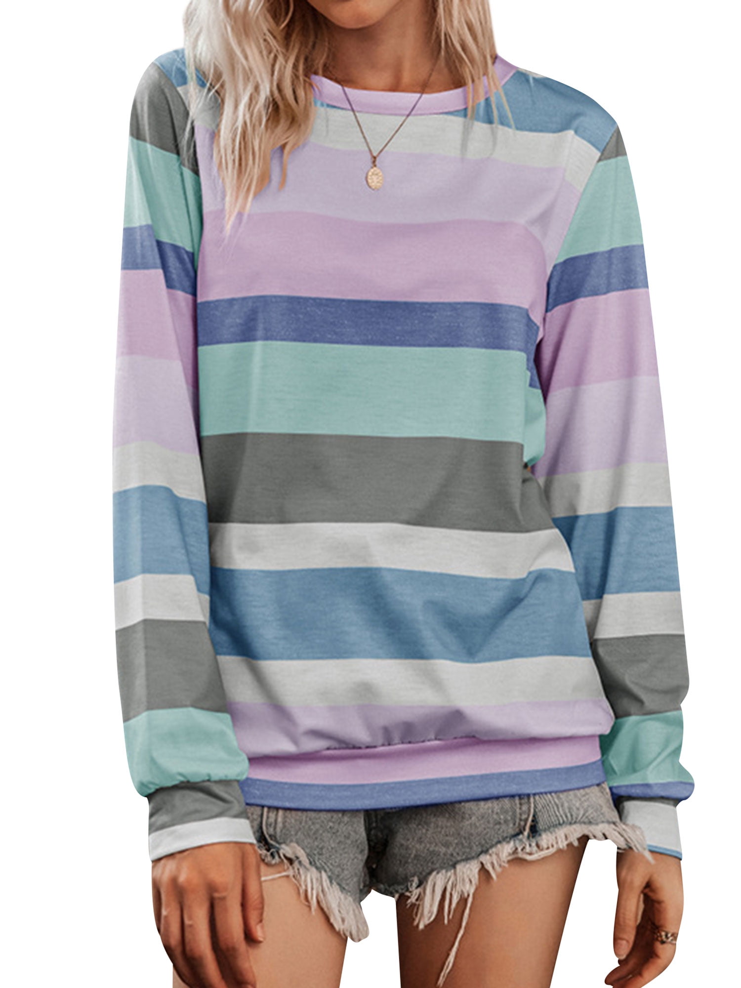 HUBERY Women Multicolor Striped Contrast Color Round Neck Long Sleeve T-Shirt - Walmart.com