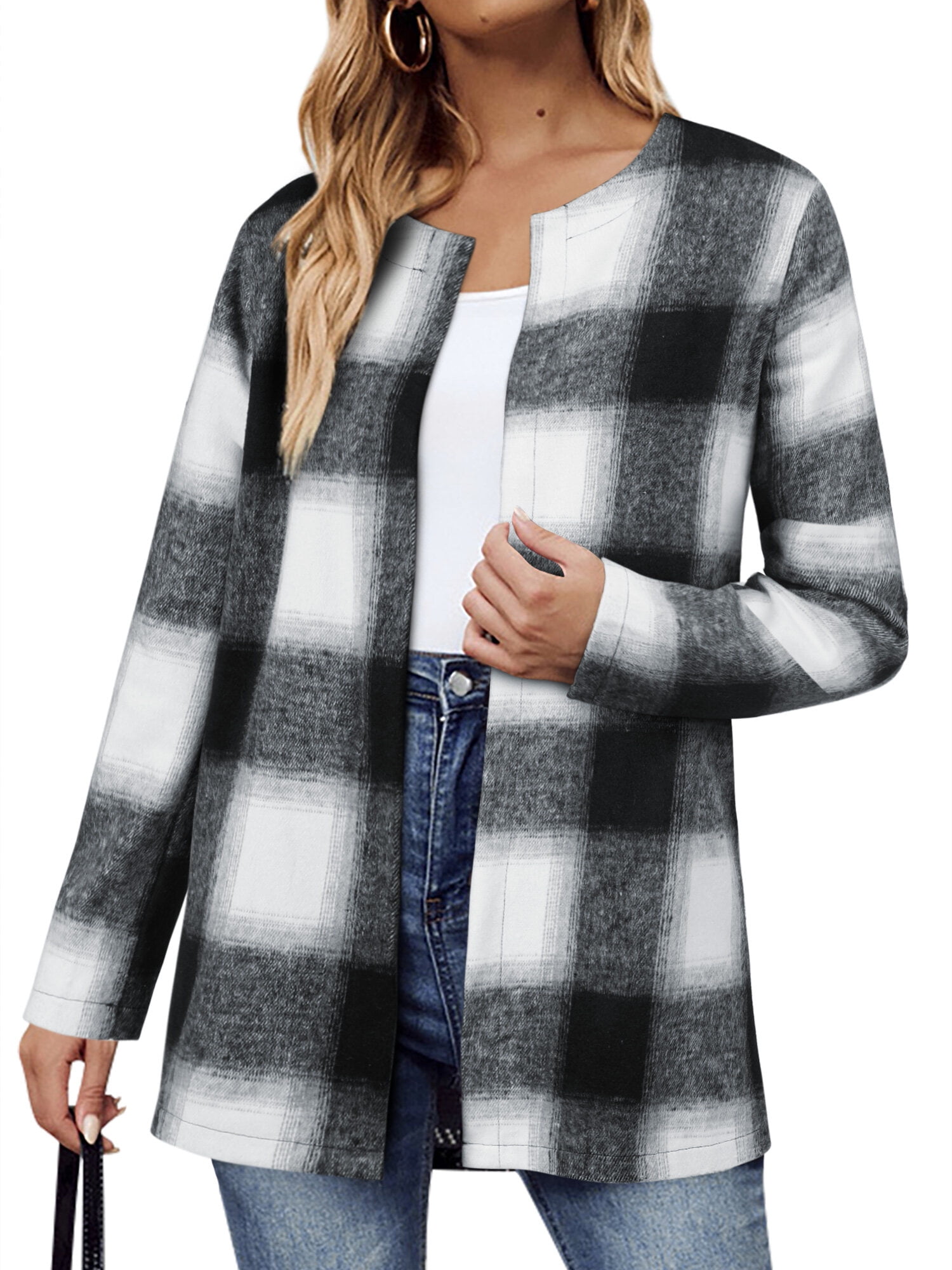 HUBERY Women Open Front Long Sleeve Houndstooth Plaid Print Cardigan ...