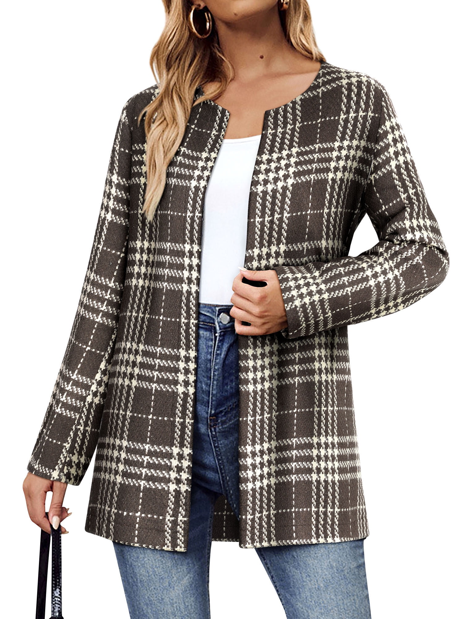 HUBERY Women Open Front Long Sleeve Houndstooth Plaid Print Cardigan ...
