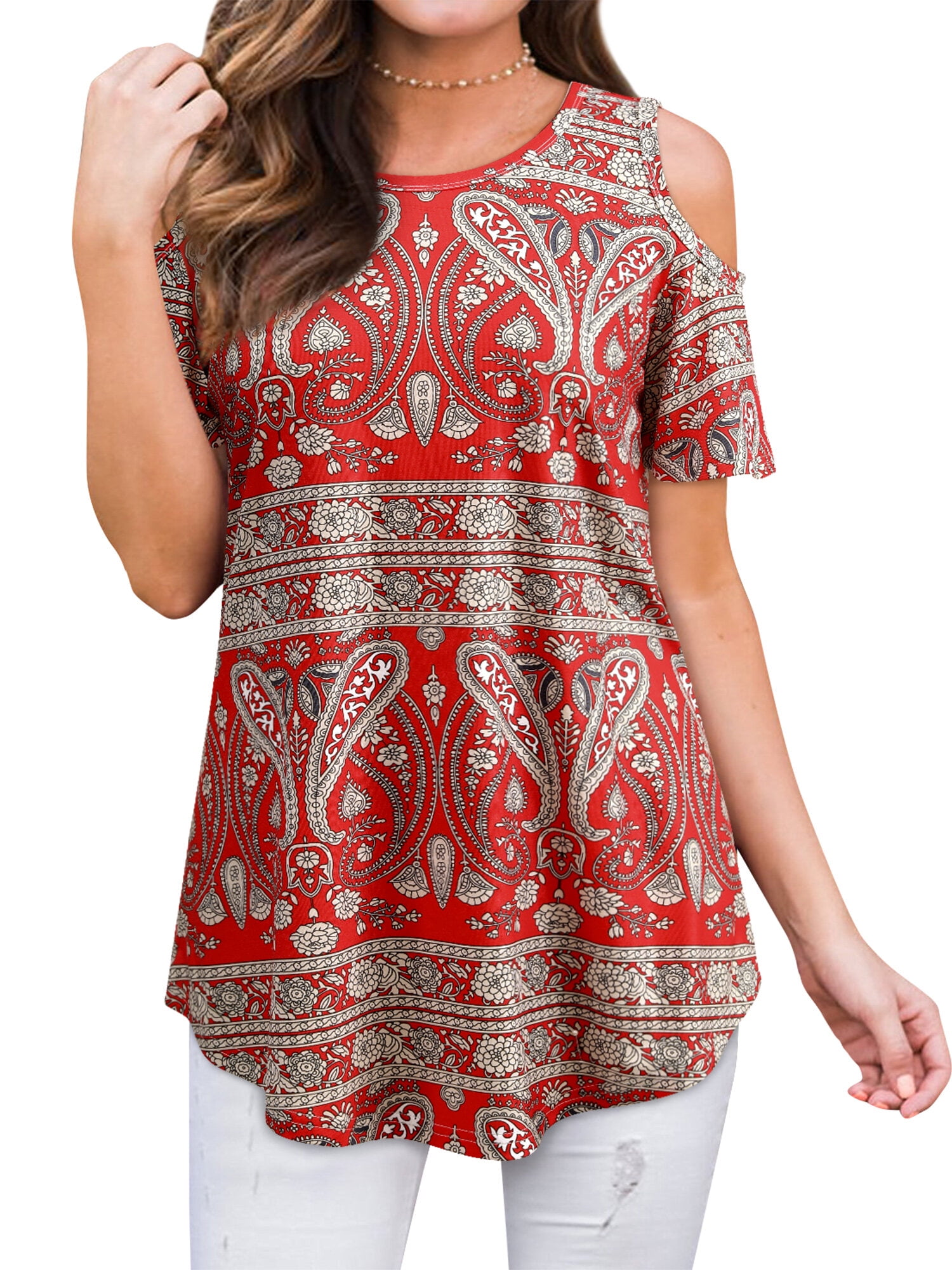 HUBERY Women's Paisley Print Round Neck Cold Shoulder Tunic Blouse ...