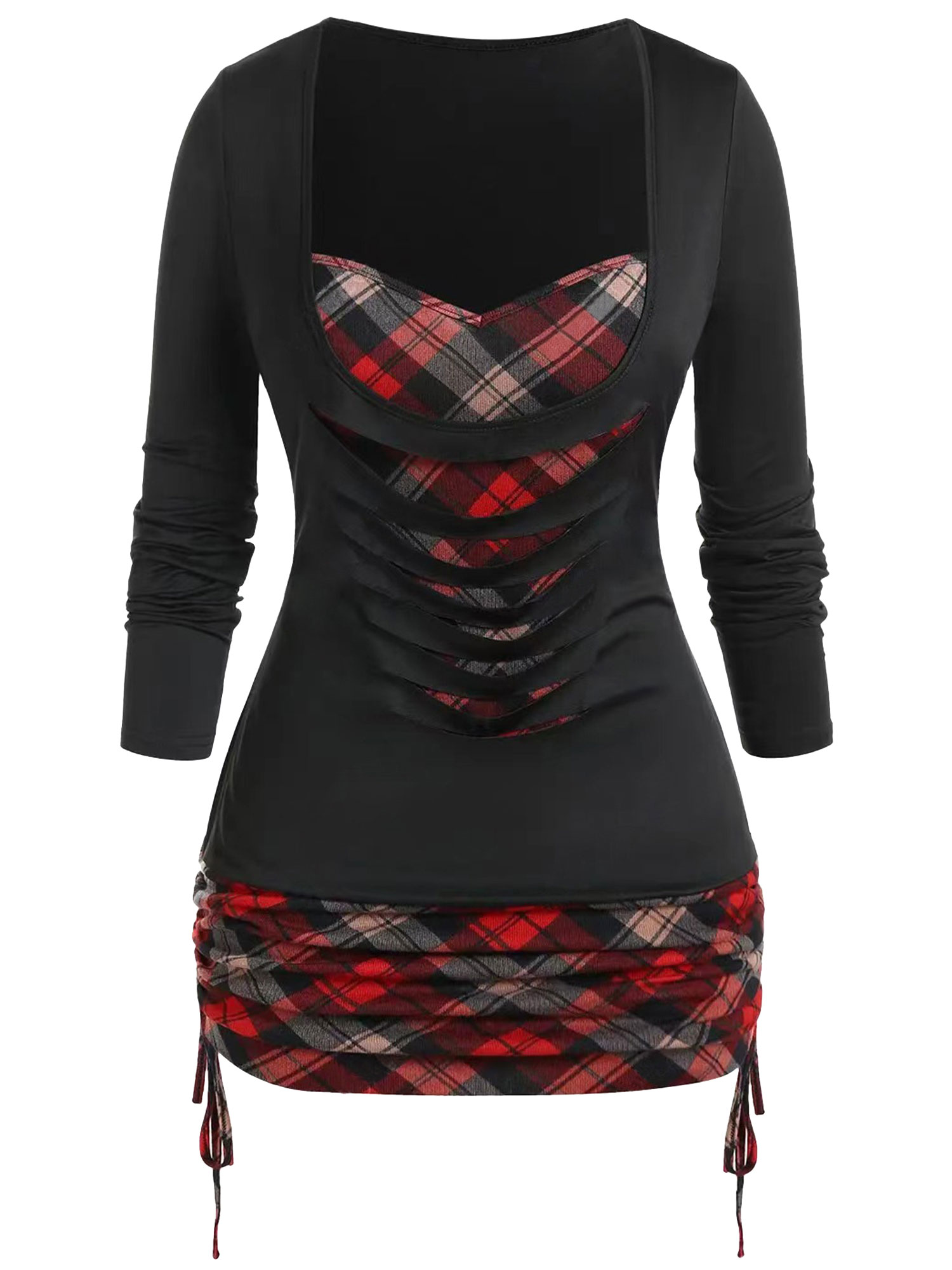 HUBERY Women's Plaid Color Block Spliced Tunic, Long Sleeve Dressy ...