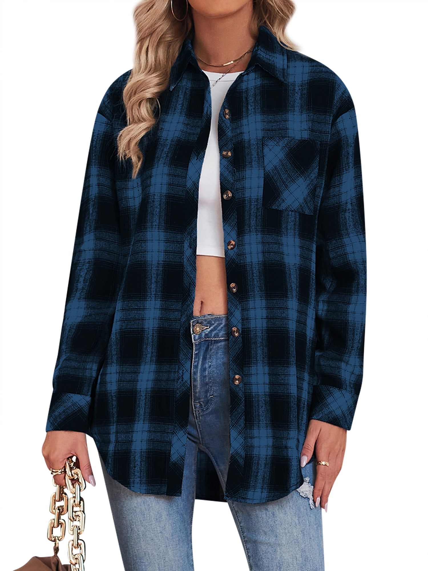 Hubery Women Plaid Flannel Shirts Long Sleeve Button Down Shirt ...