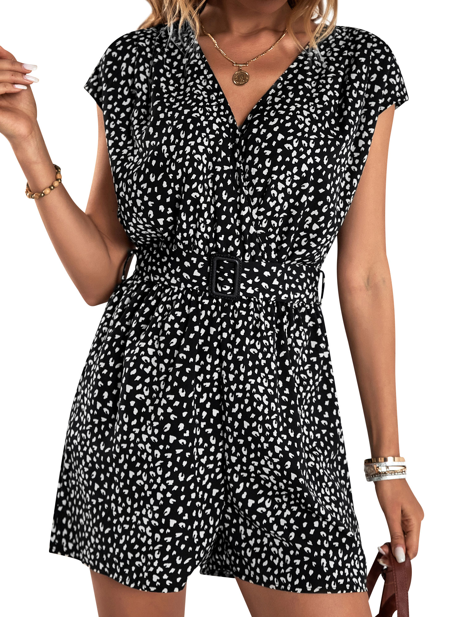HUBERY Women Printed V Neck Cap Sleeve Tie Waist Romper - Walmart.com