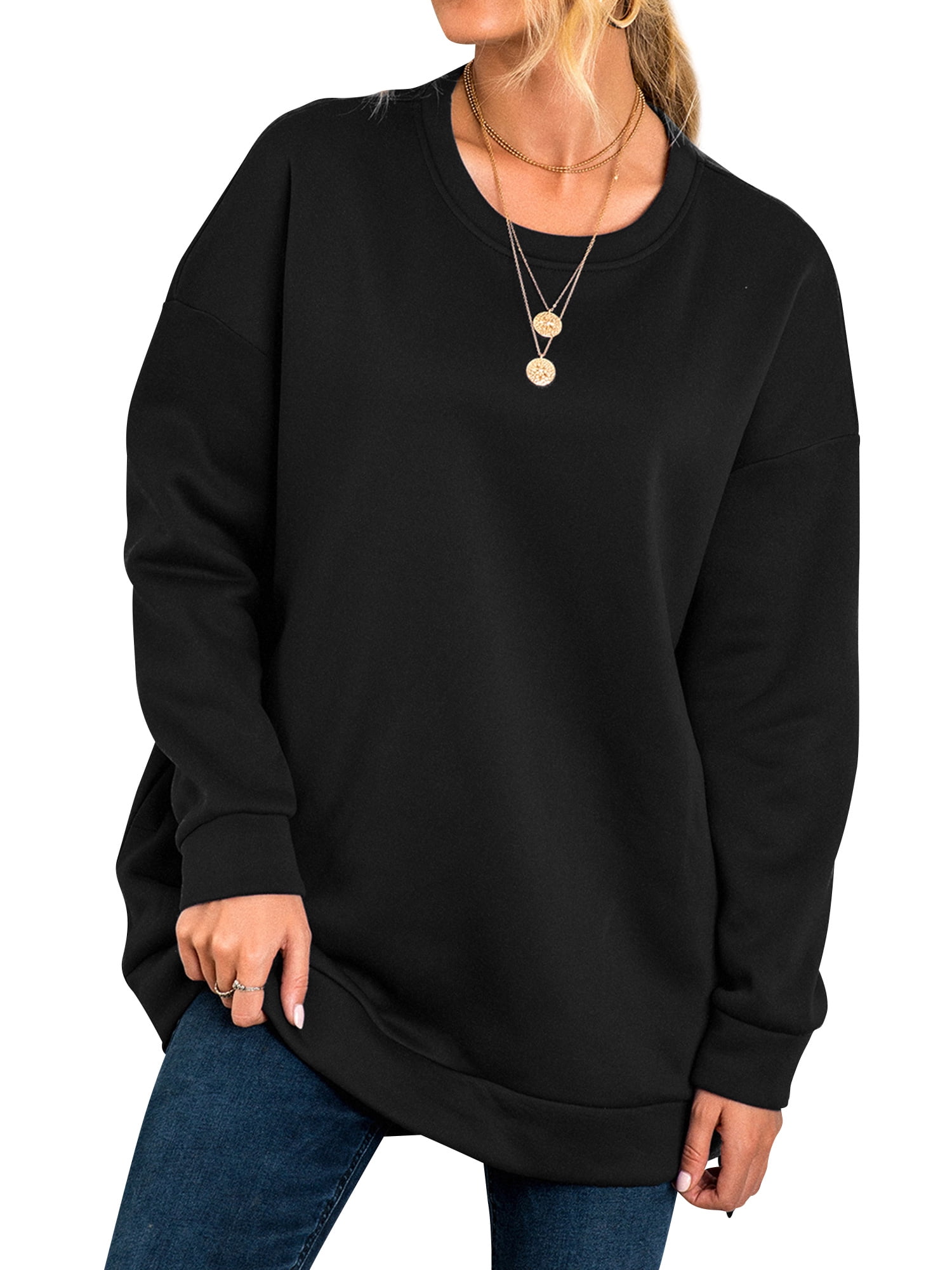 HUBERY Women Round Neck Pocket Long Sleeve Solid Color Sweatshirt ...