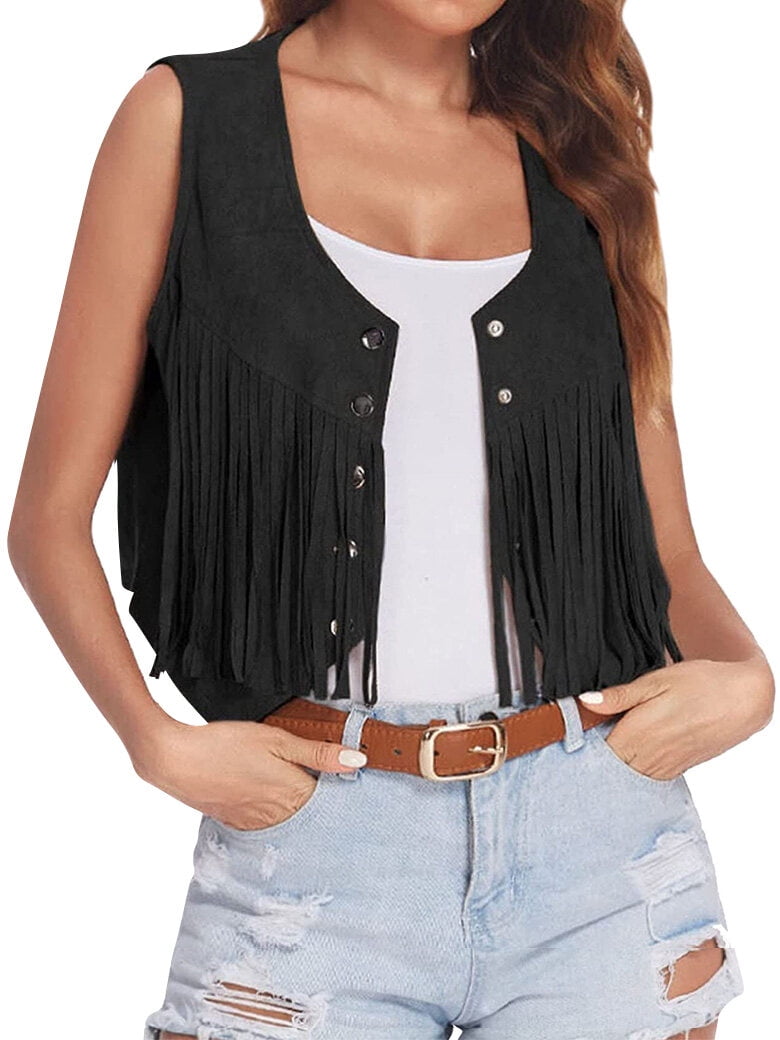 HUBERY Women Snap Button Fringed Sleeveless High-Low Hem Western Vest ...