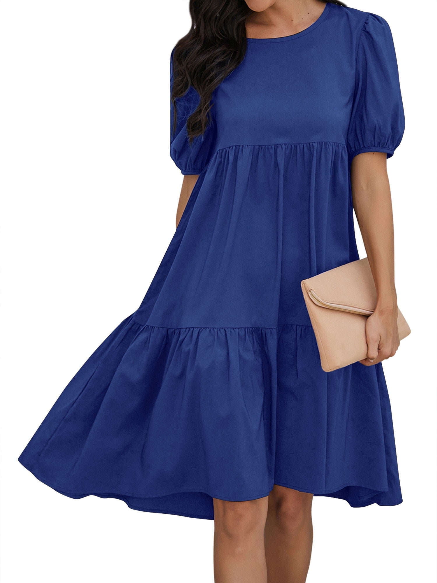 HUBERY Women's Crew Neck Short Puff Sleeve Ruffled Keyhole Back Midi ...