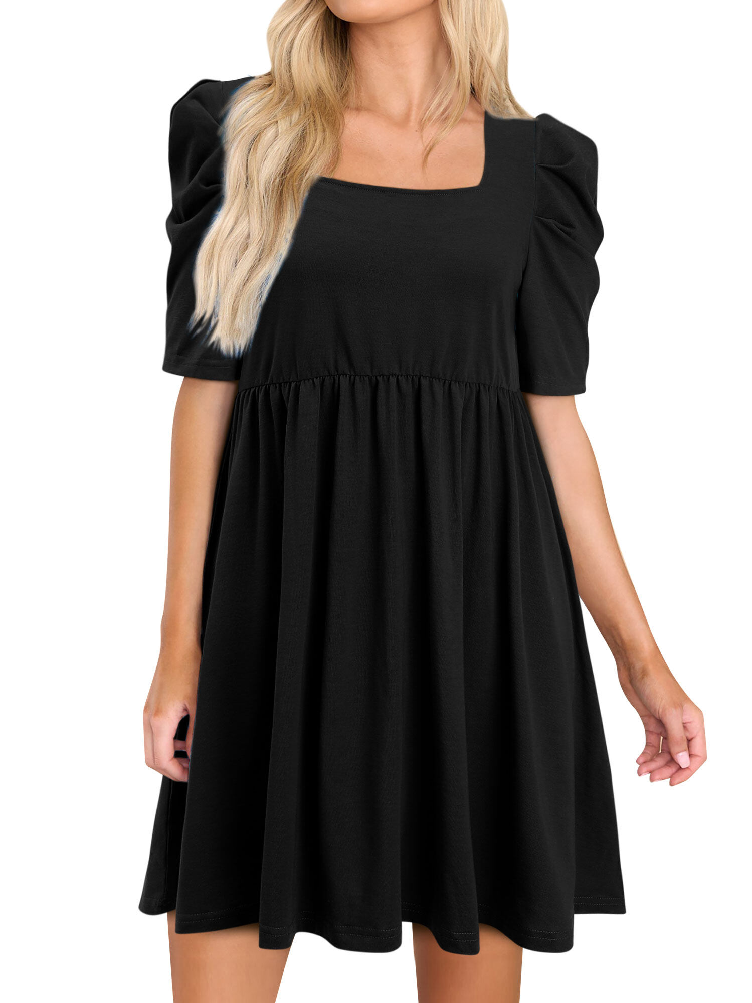 HUBERY Women Square Neck Puff Short Sleeve Pleated Pocket Solid Color ...