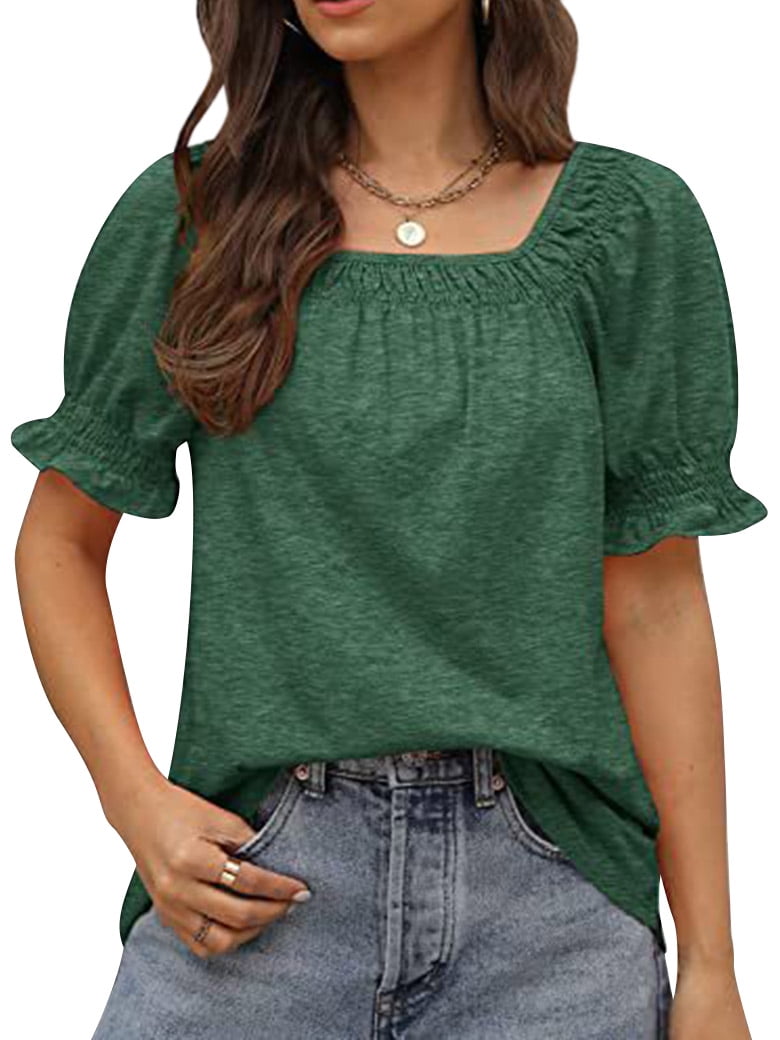 HUBERY Women Square Neck Ruffled Backless Puff Short Sleeve Solid Color ...