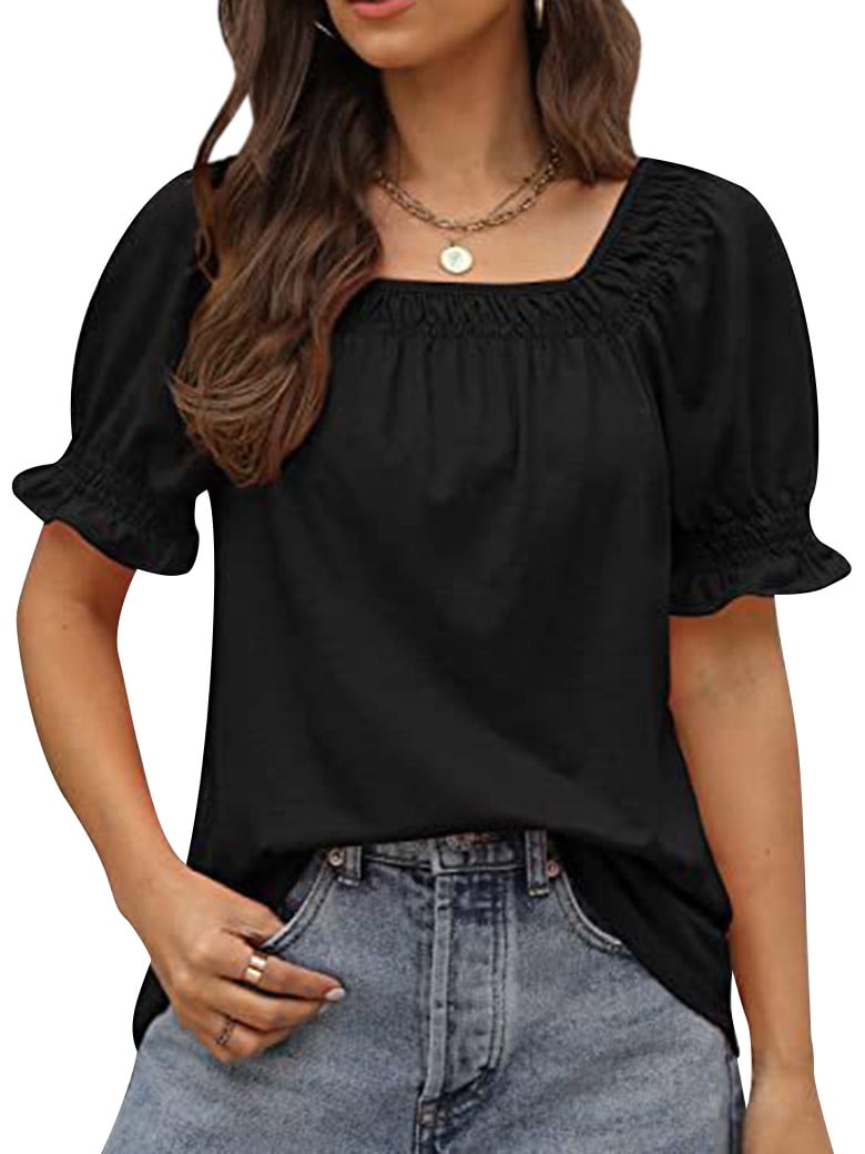 HUBERY Women Square Neck Ruffled Backless Puff Short Sleeve Solid Color ...