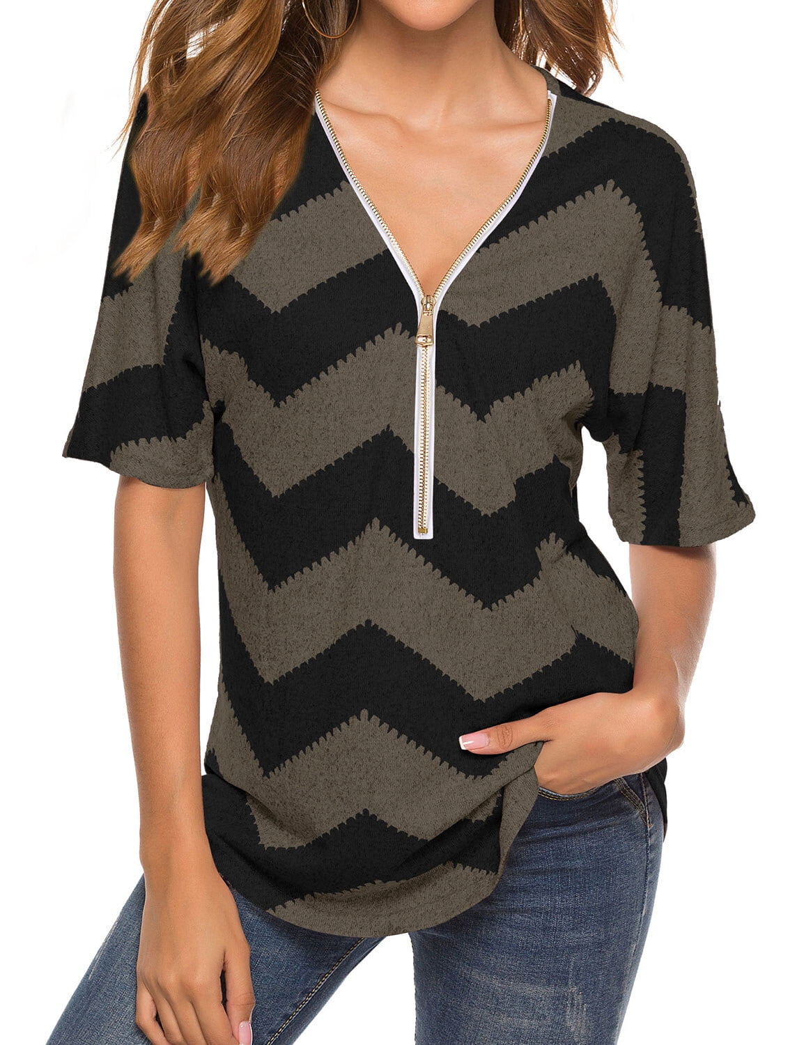 Hibeli Women Stripes Print Zip Up V Neck Short Batwing Sleeves Summer ...