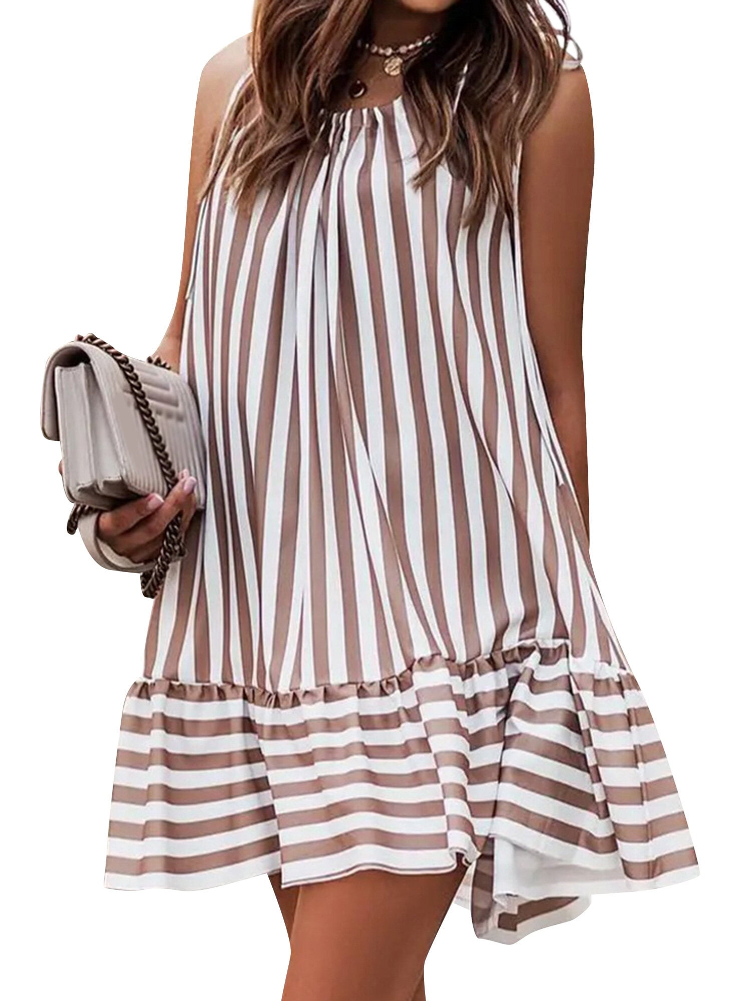 HUBERY Women Striped Print Round Neck Sleeveless Ruffled Spliced Mini ...