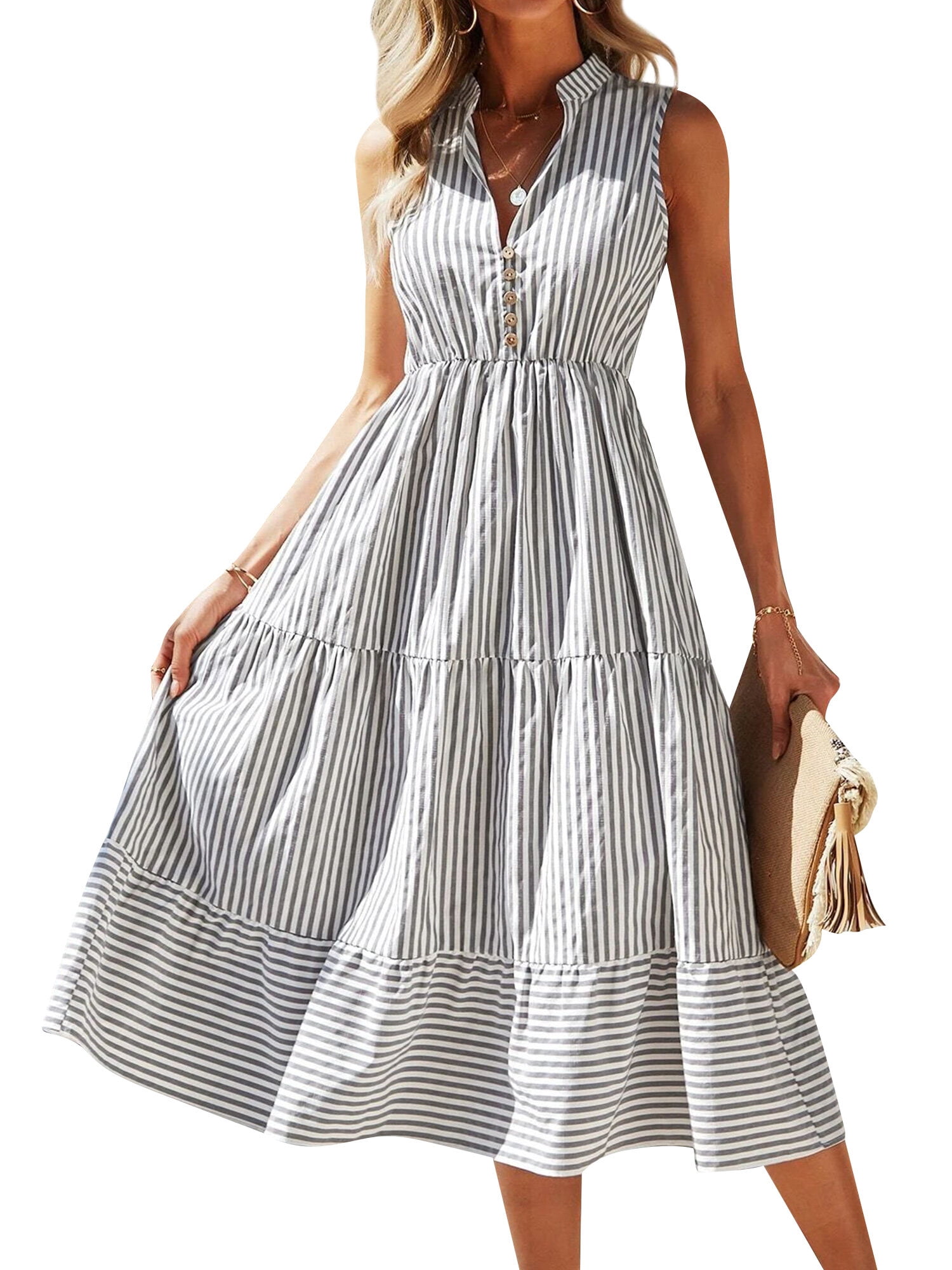 HUBERY Women Striped Print V Neck Sleeveless Buttons Tiered Flowy Dress ...