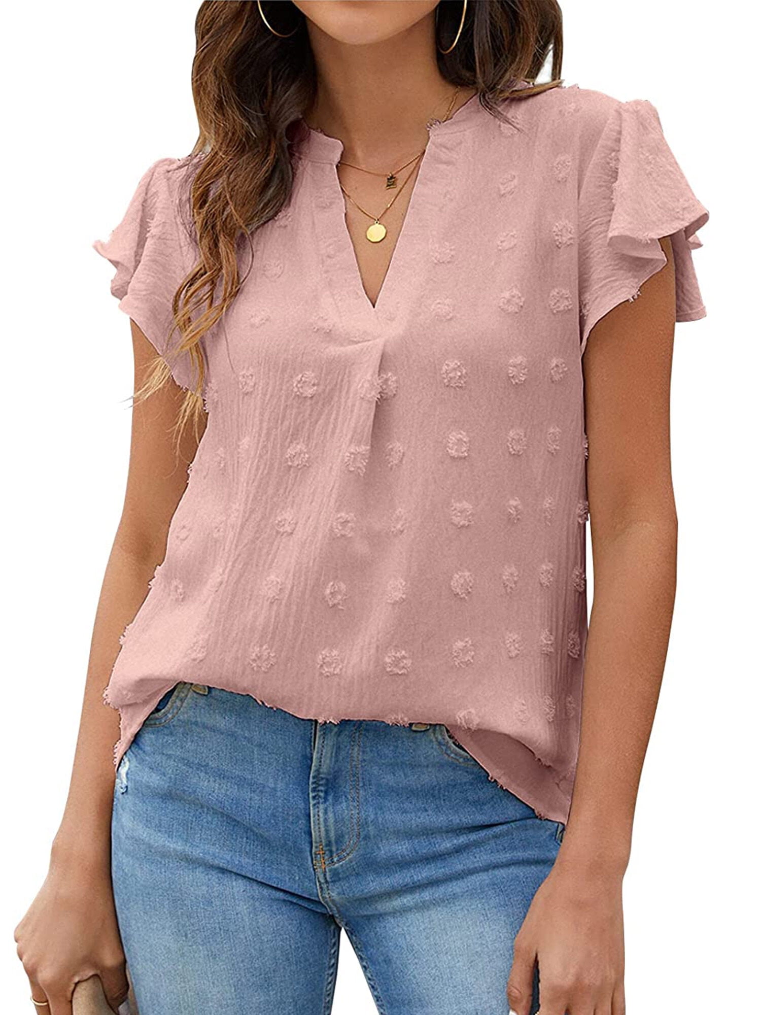 Hibeli Blouses for Women Dressy V Neck Ruffle Sleeve Summer Tops Casual ...