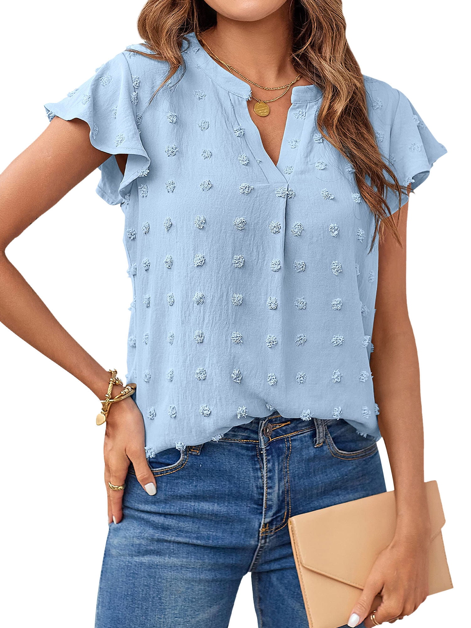 Hibeli Blouses for Women Dressy V Neck Ruffle Sleeve Summer Tops Casual ...