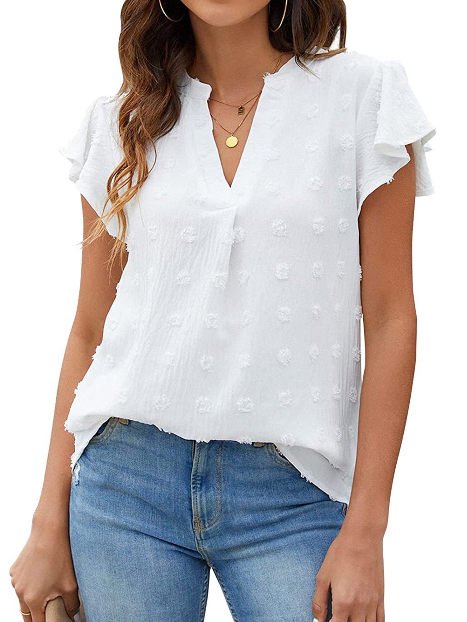 Hibeli Blouses for Women Dressy V Neck Ruffle Sleeve Summer Tops Casual ...