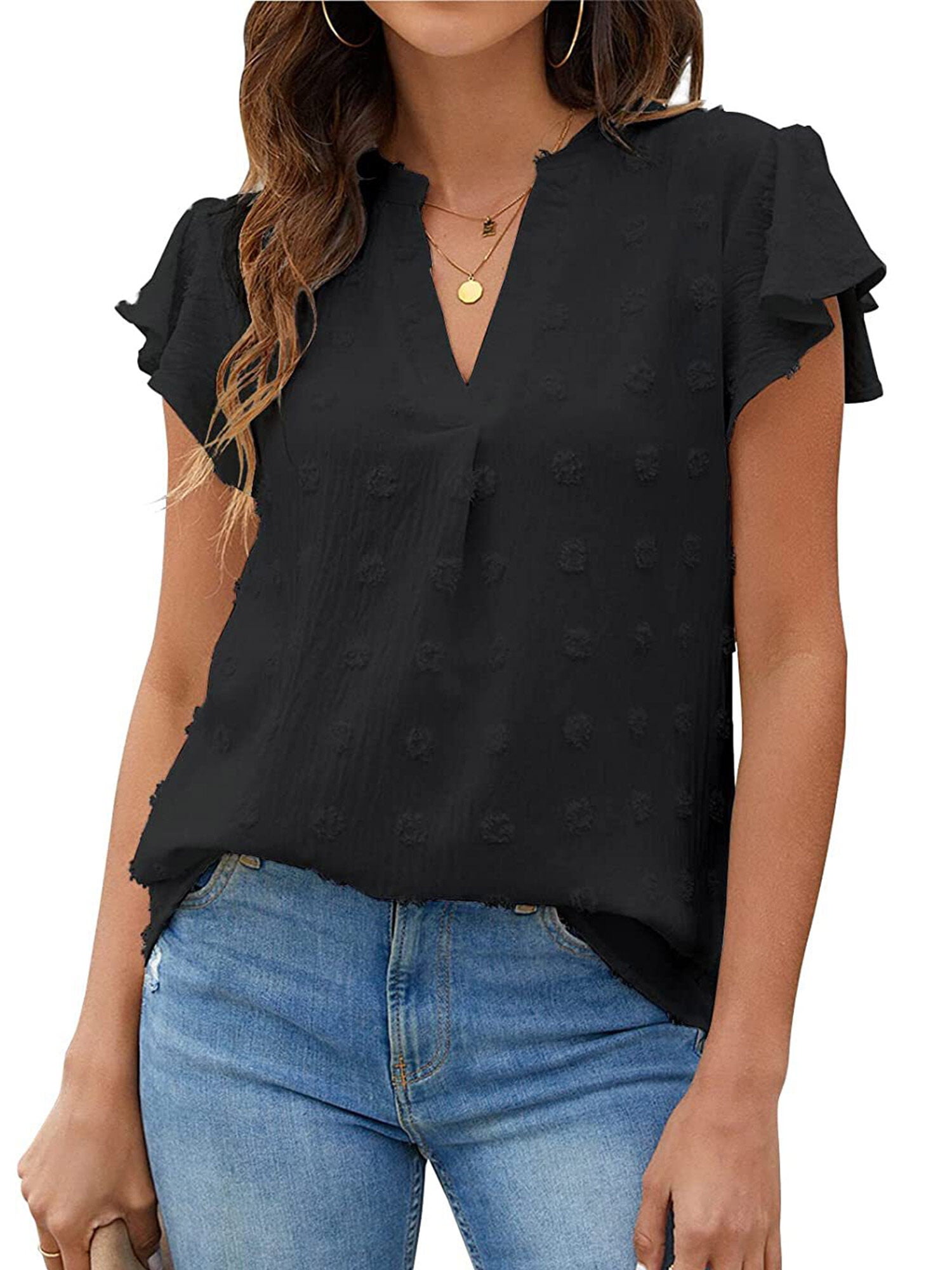 Hibeli Blouses for Women Dressy V Neck Ruffle Sleeve Summer Tops Casual ...