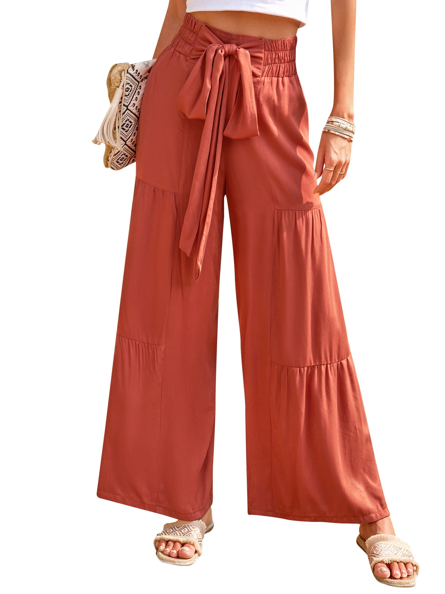 HUBERY Women Tie Front High Waisted Smocked Wide Leg Tiered Solid Color ...