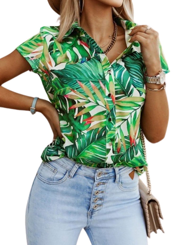 HUBERY Women Tropical Floral Printed Lapel Collar Button Down Short ...