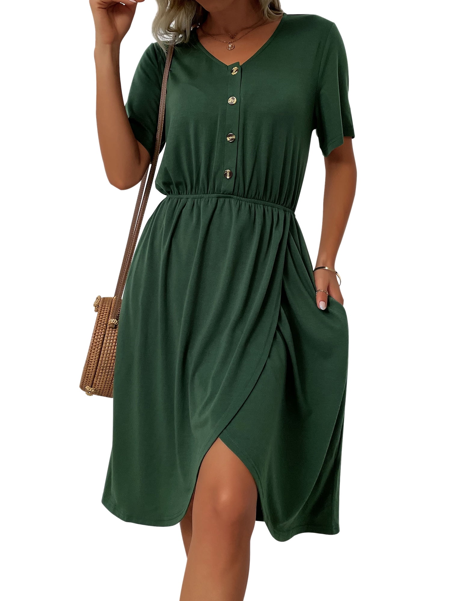 HUBERY Women V Neck Short Sleeve Buttons Pocket Tulip Hem Dress ...