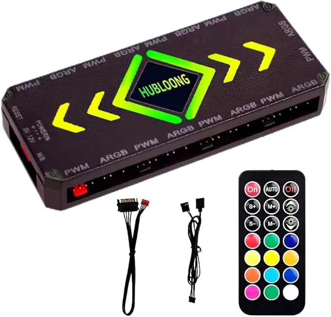 HUBLOONG ARGB Fan Hub Controller, 1-to-9 Port PWM Splitter with Remote ...