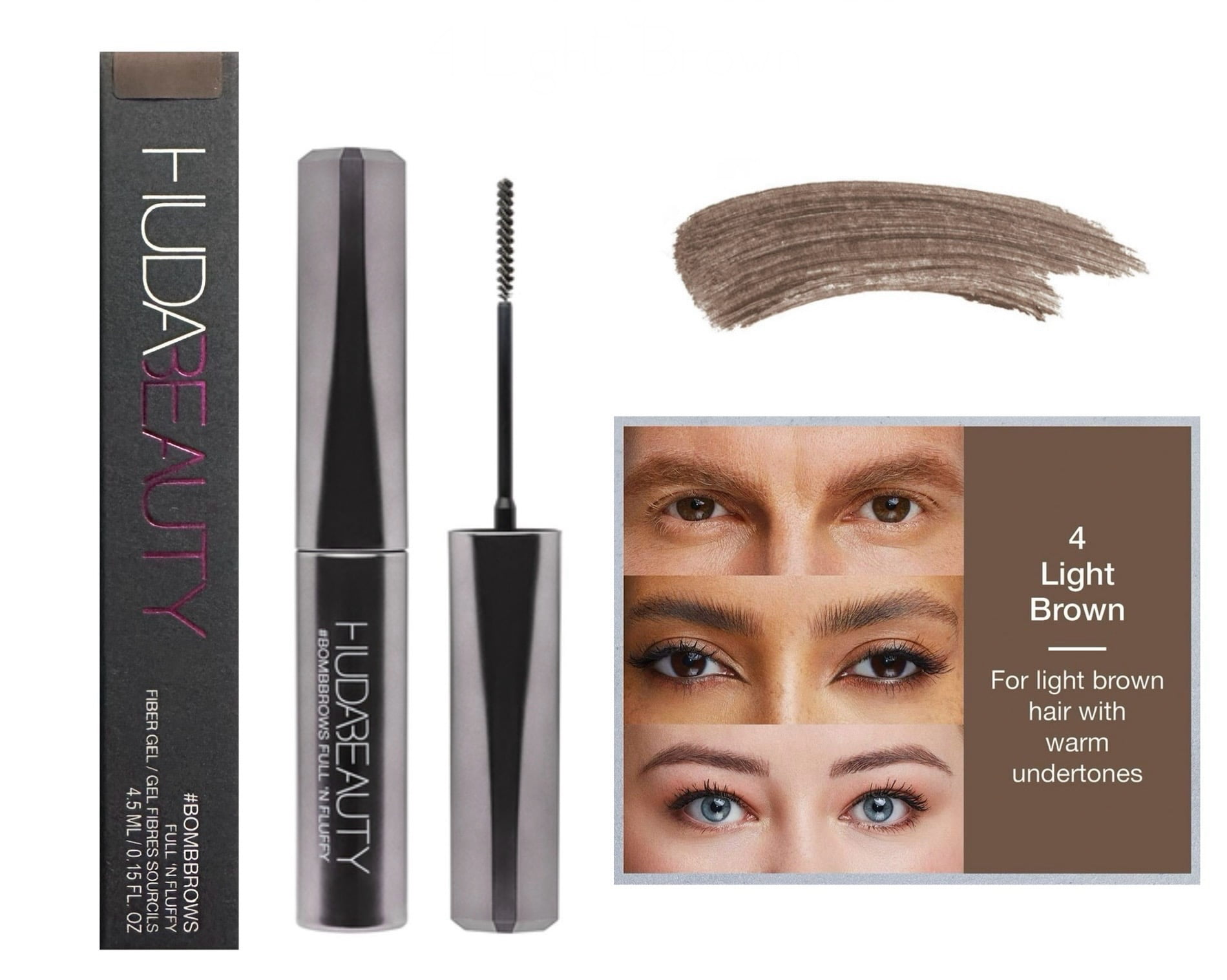 HUDA BEAUTY #BombBrows Full 'N Fluffy Fiber Gel 4 LIGHT BROWN - Walmart.com