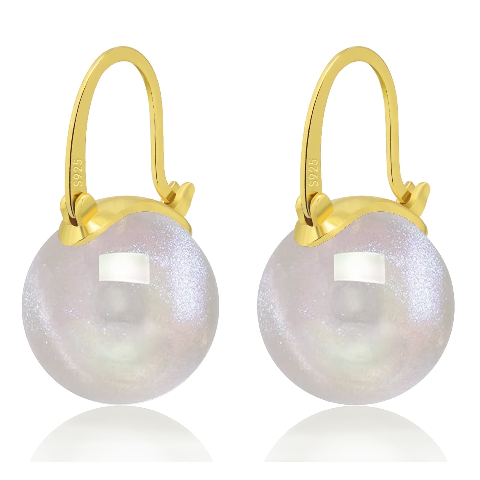 14mm 925 Sterling Silver Large Big Shell Pearl Hoop Drop Earrings Fashion, 14K Gold Plated for ...
