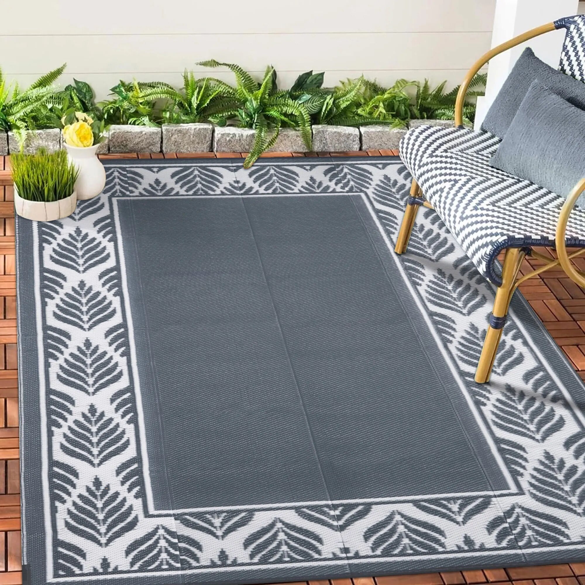 HUGEAR 5'x8' Reversible Patio Rug, Waterproof Plastic Straw Mat for ...