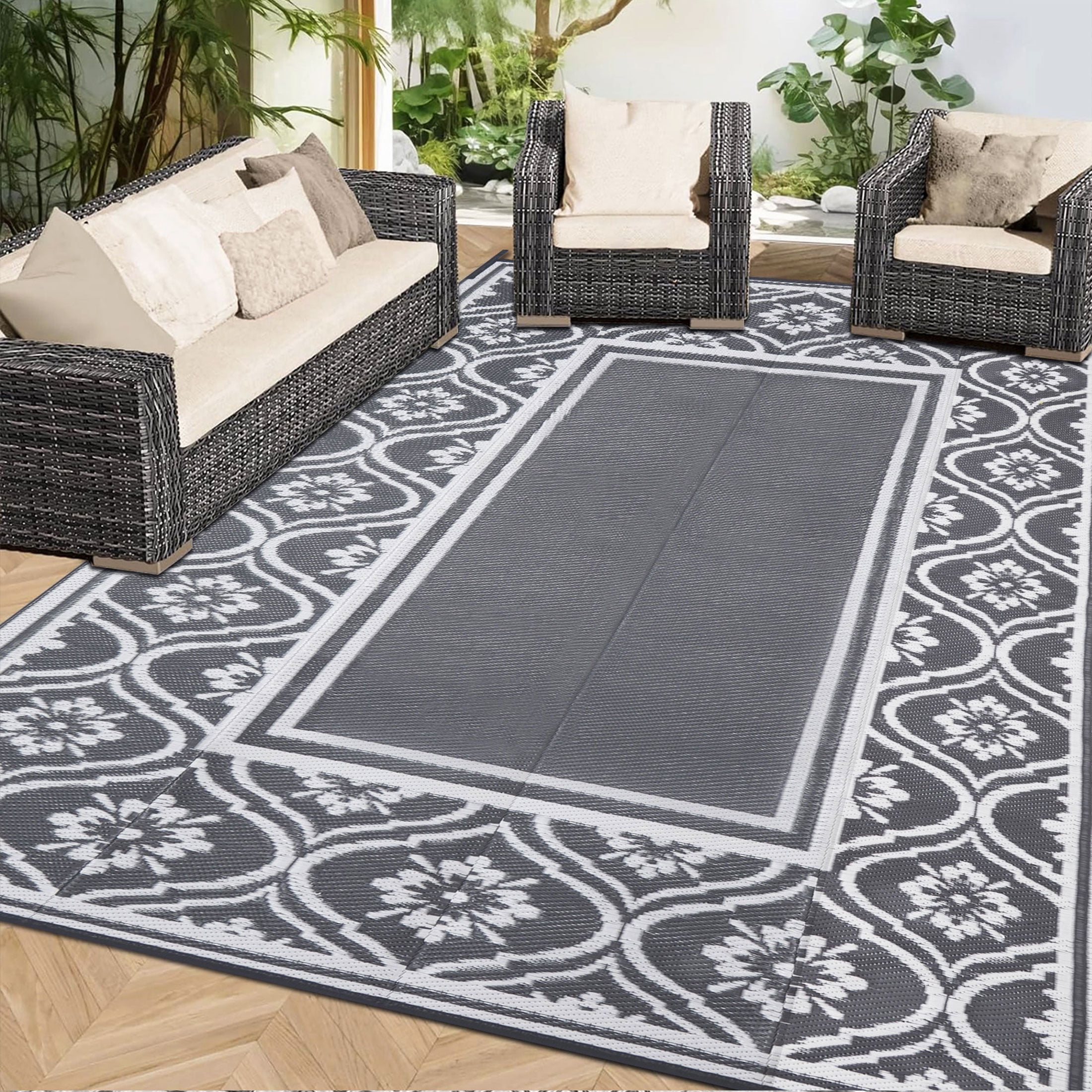 HUGEAR 5'x8' Reversible Patio Mats, Waterproof Outdoor Plastic Straw ...