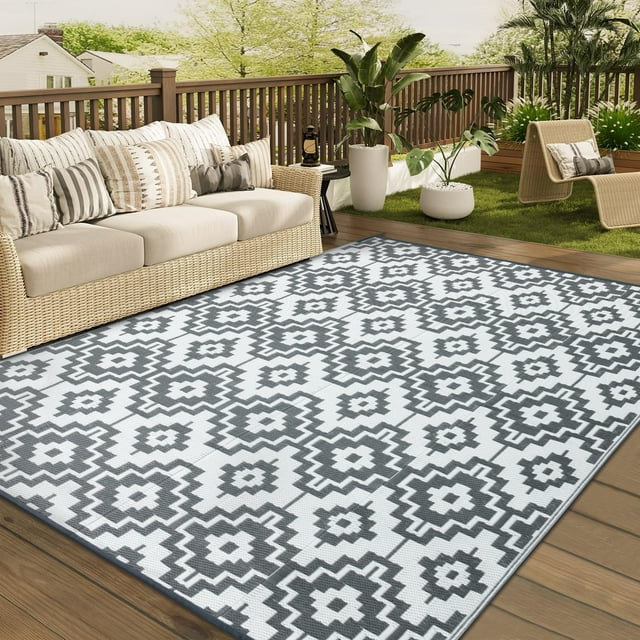 HUGEAR 6x9 ft Outdoor Area Rug, Grey/White, Waterproof, Washable, Ideal ...