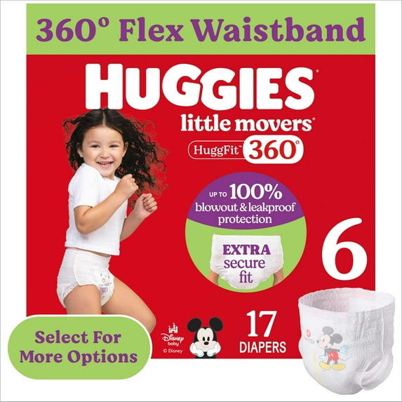 Huggies Little Movers HuggFit 360° Baby Diapers with 360° Waistband, Size 6 (35+ lbs), 17 Count ...