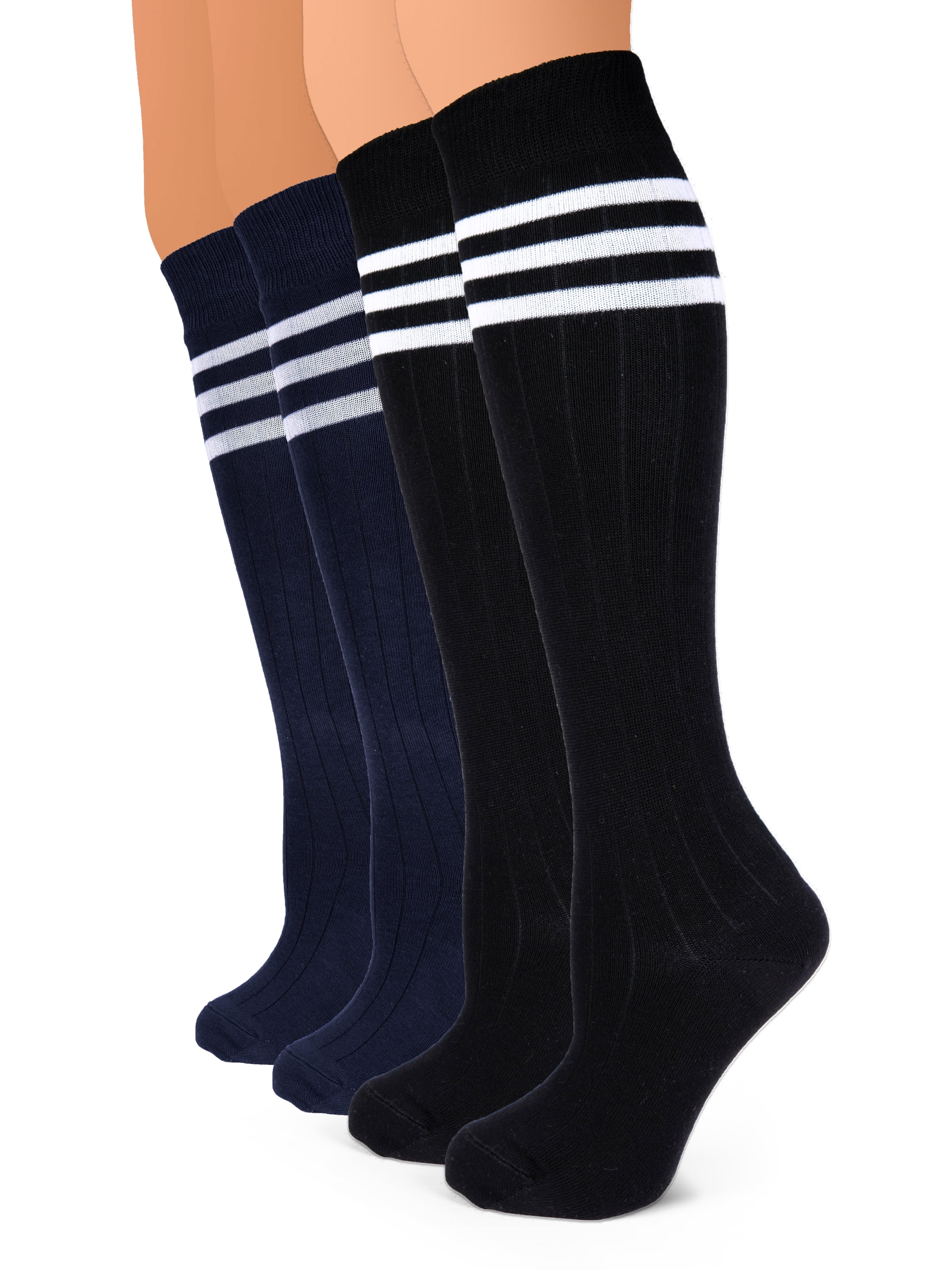 HUGH UGOLI Women Cotton Knee High Socks with 3 Stripes, Long Dress ...