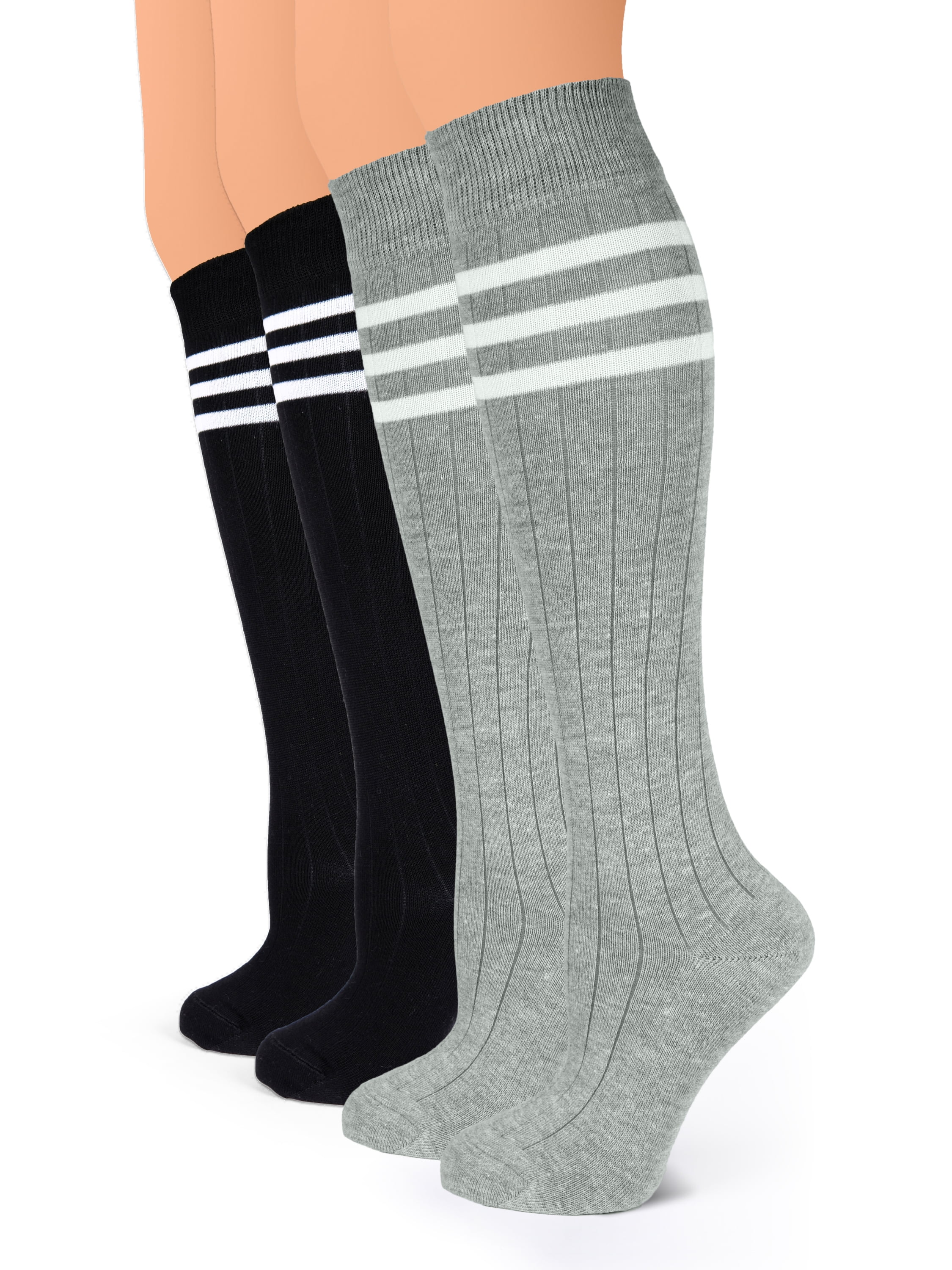HUGH UGOLI Women Cotton Knee High Socks with 3 Stripes, Long Dress ...