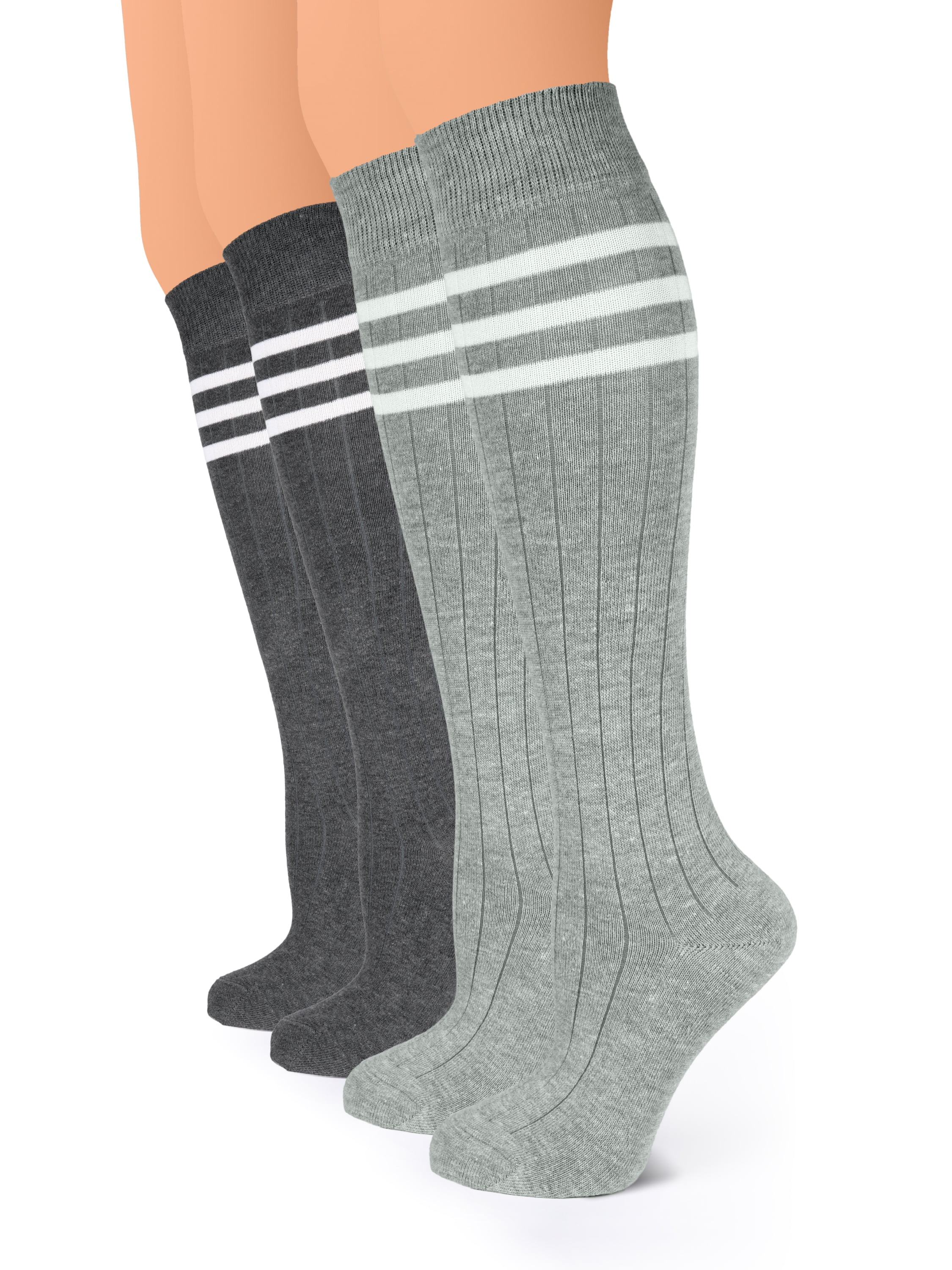 HUGH UGOLI Women Cotton Knee High Socks with 3 Stripes, Long Dress ...