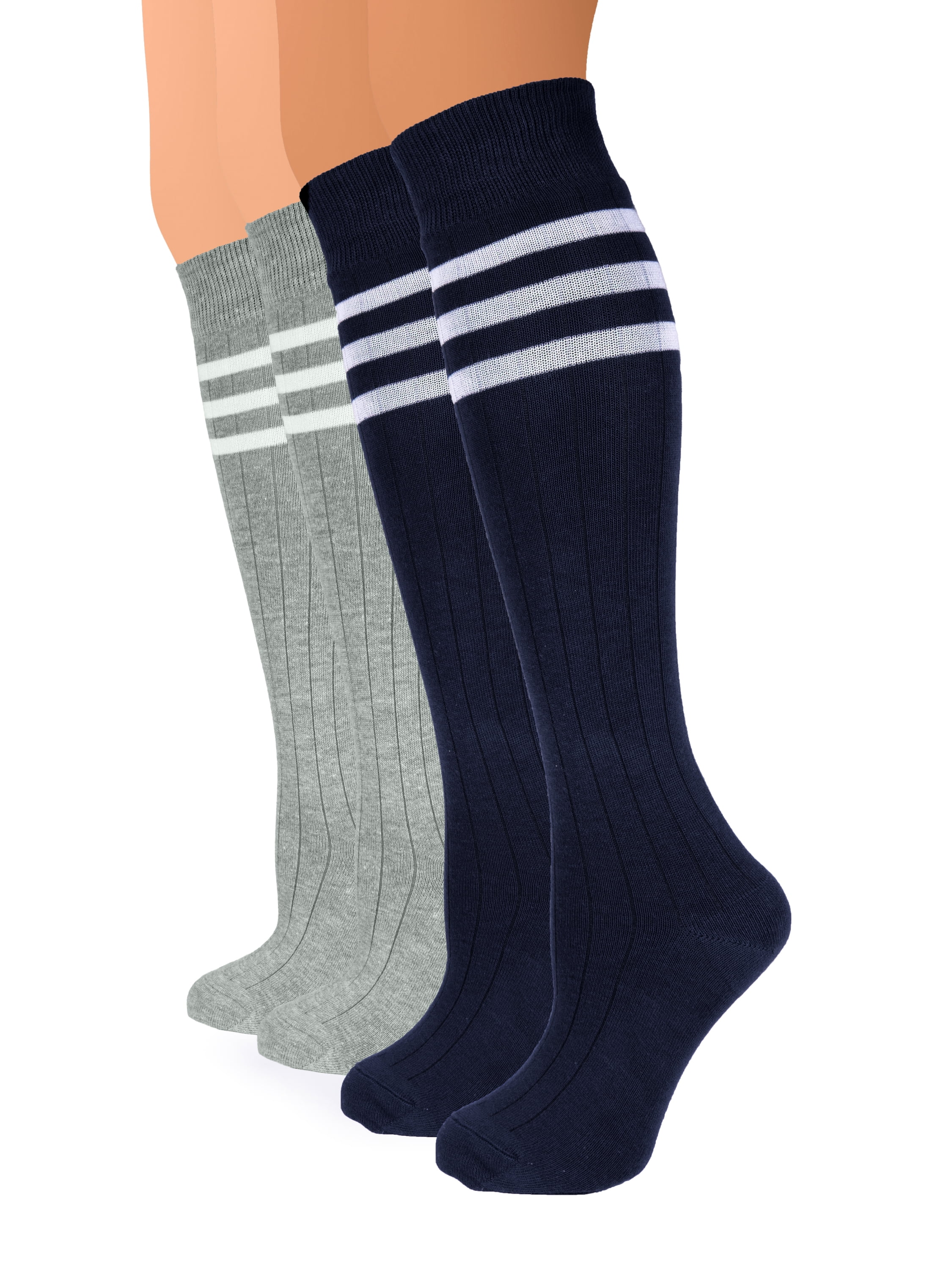 HUGH UGOLI Women Cotton Knee High Socks with 3 Stripes, Long Dress ...