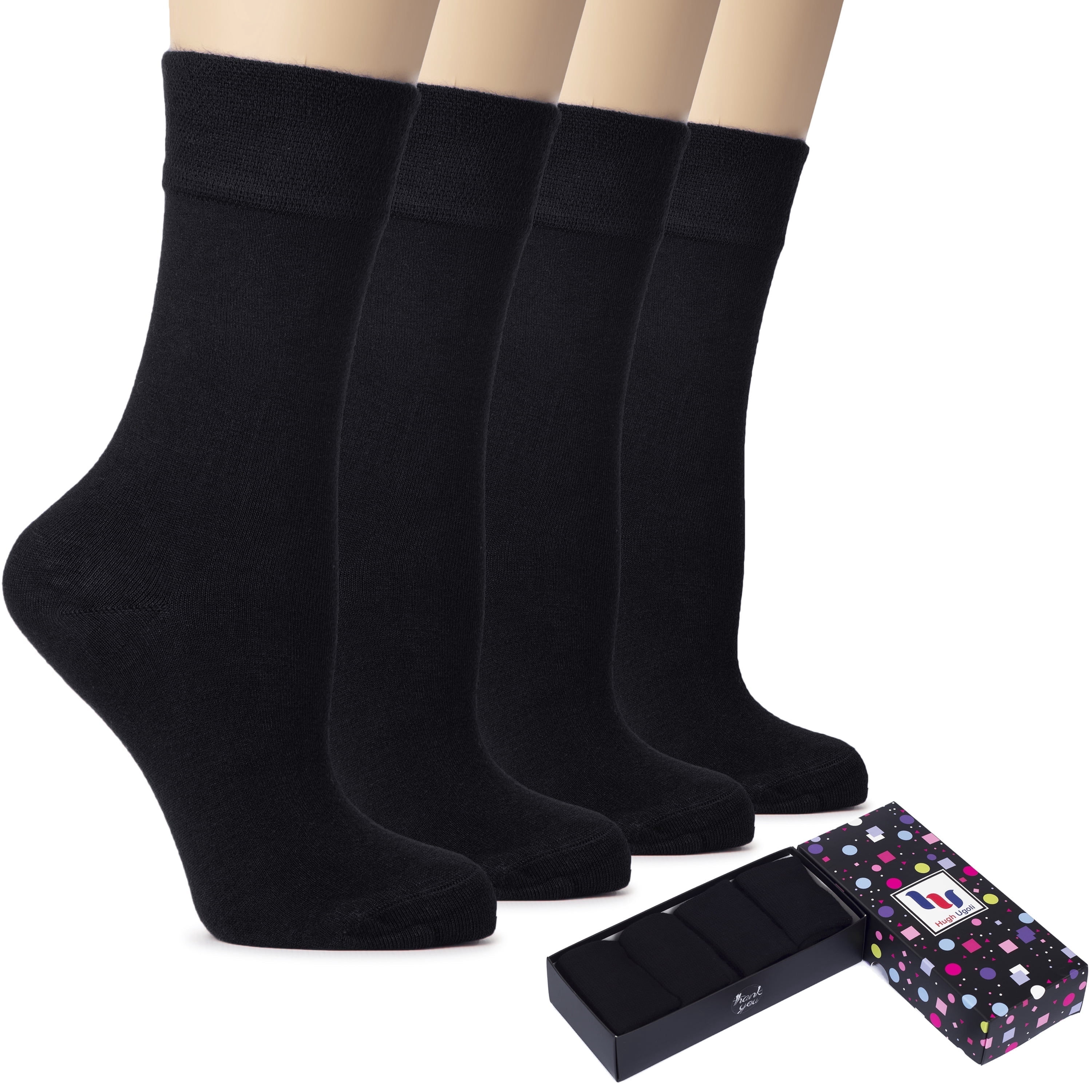 HUGH UGOLI Women's Bamboo Crew Socks, 4 Pairs, Gift Box, Seamless Toe ...