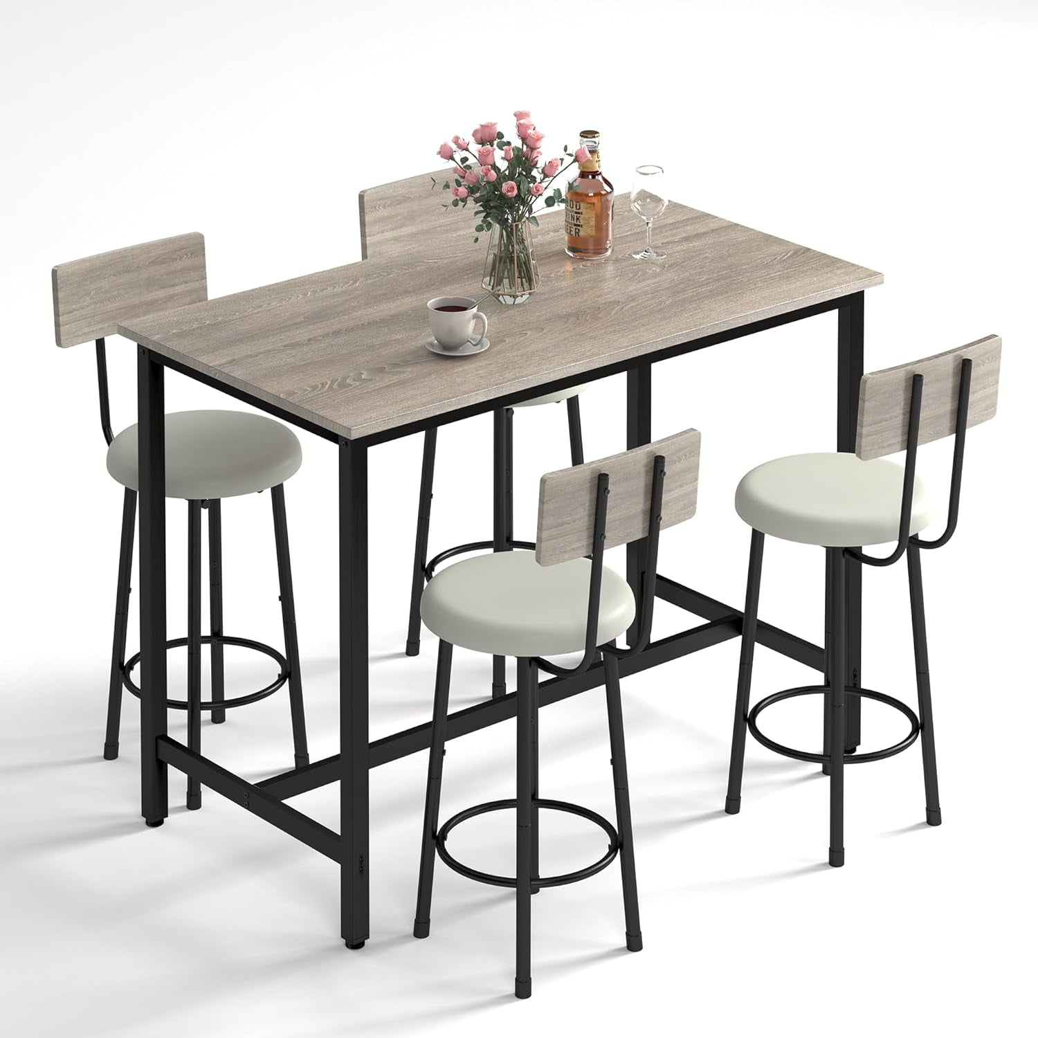 HUGROVE 47.2-Inch Bar Table and Chairs Set, Modern Industrial 5-Piece ...