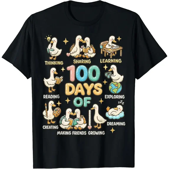 HUGvyn Cute 100 Days of School Goose Teacher Classroom Humor T-Shirt ...