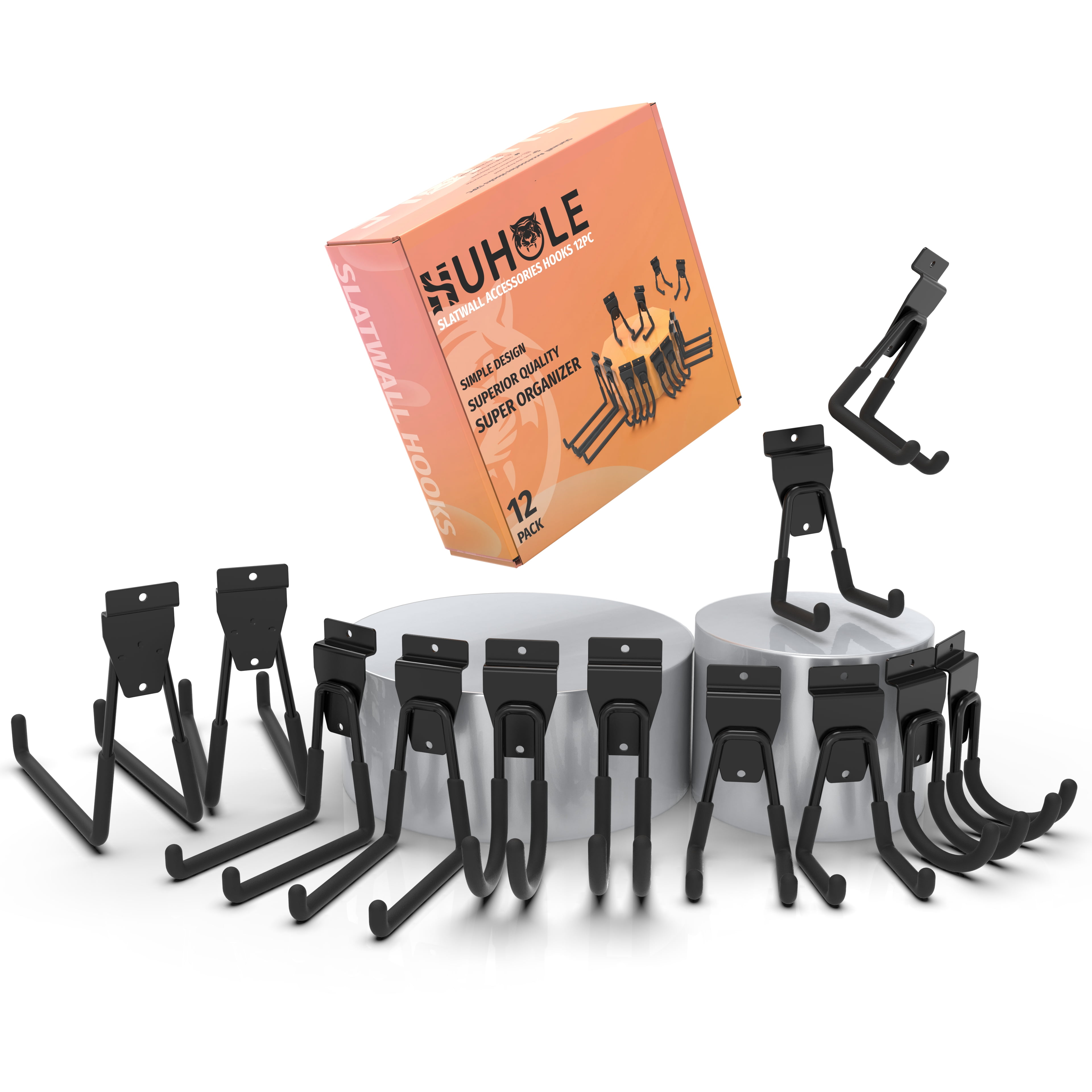 HUHOLE Slatwall Board Accessories, Vinyl-Coated Hooks, 12PC Set, Black ...