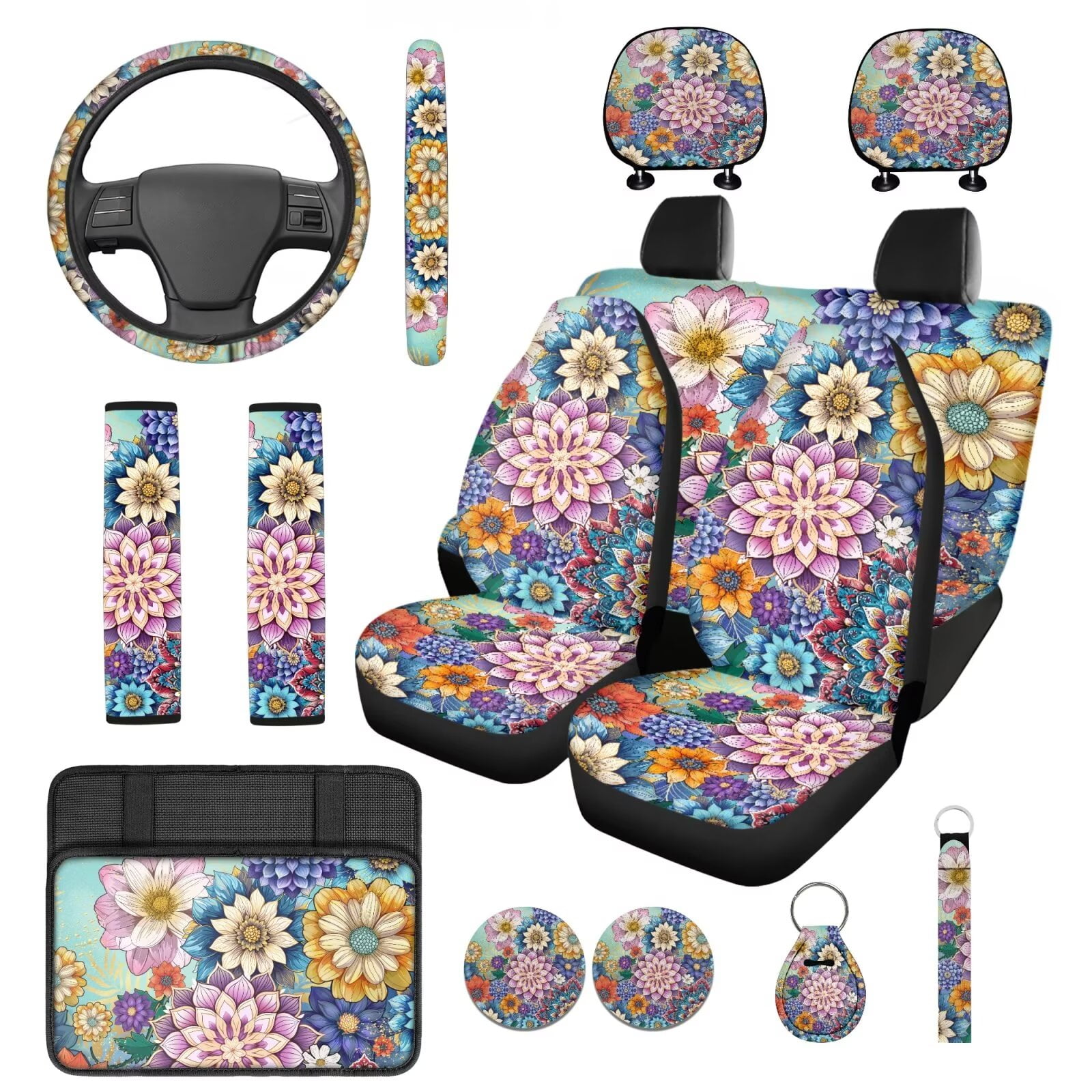 HUIACONG Boho Seat Covers for Cars Full Set with Steering Wheel Cover ...