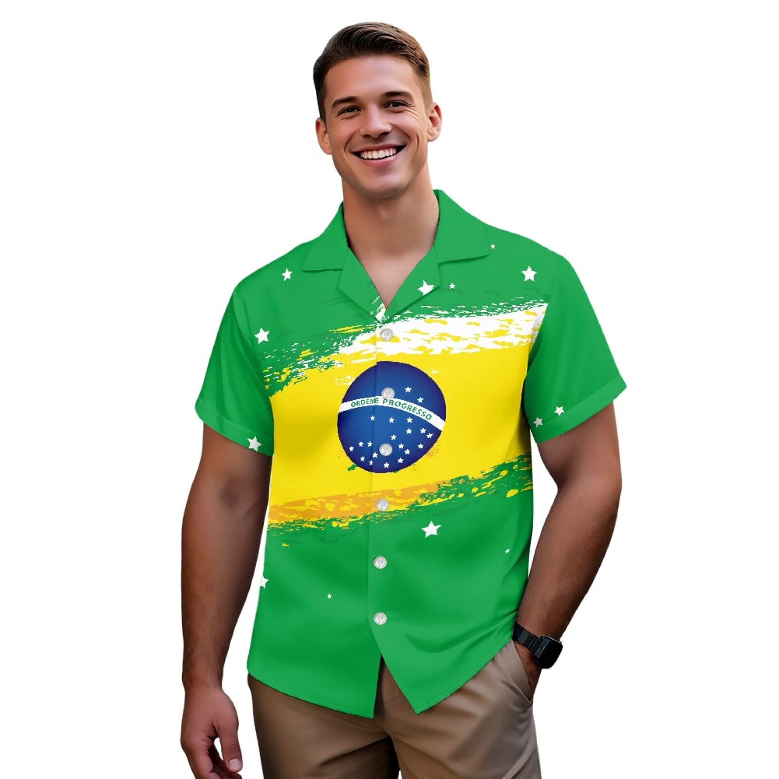 HUIACONG Men's Hawaiian Shirt,Short Sleeve Brazilian Flag Print Shirts ...