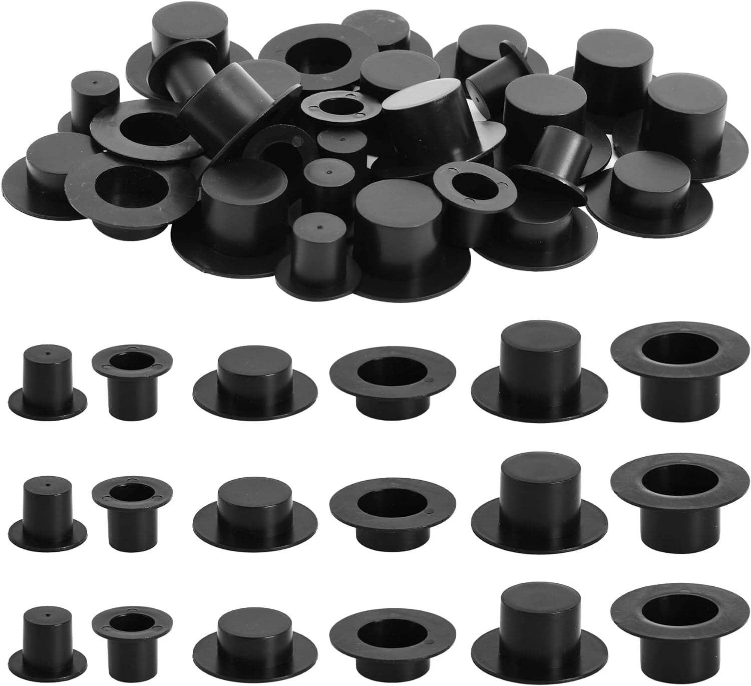 HUIANER 30Pcs Miniature Top Hats Black Plastic Hats, 3 Sizes(0.4/0.63/0 ...