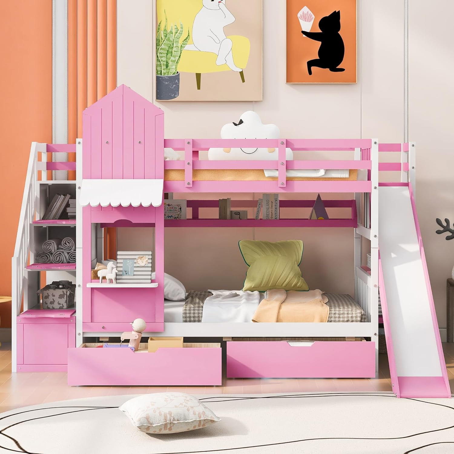 HUIGEXUAN Twin Over Twin Bunk Bed with Slide and Stairs, Castle Style Bunk Beds with Storage ...