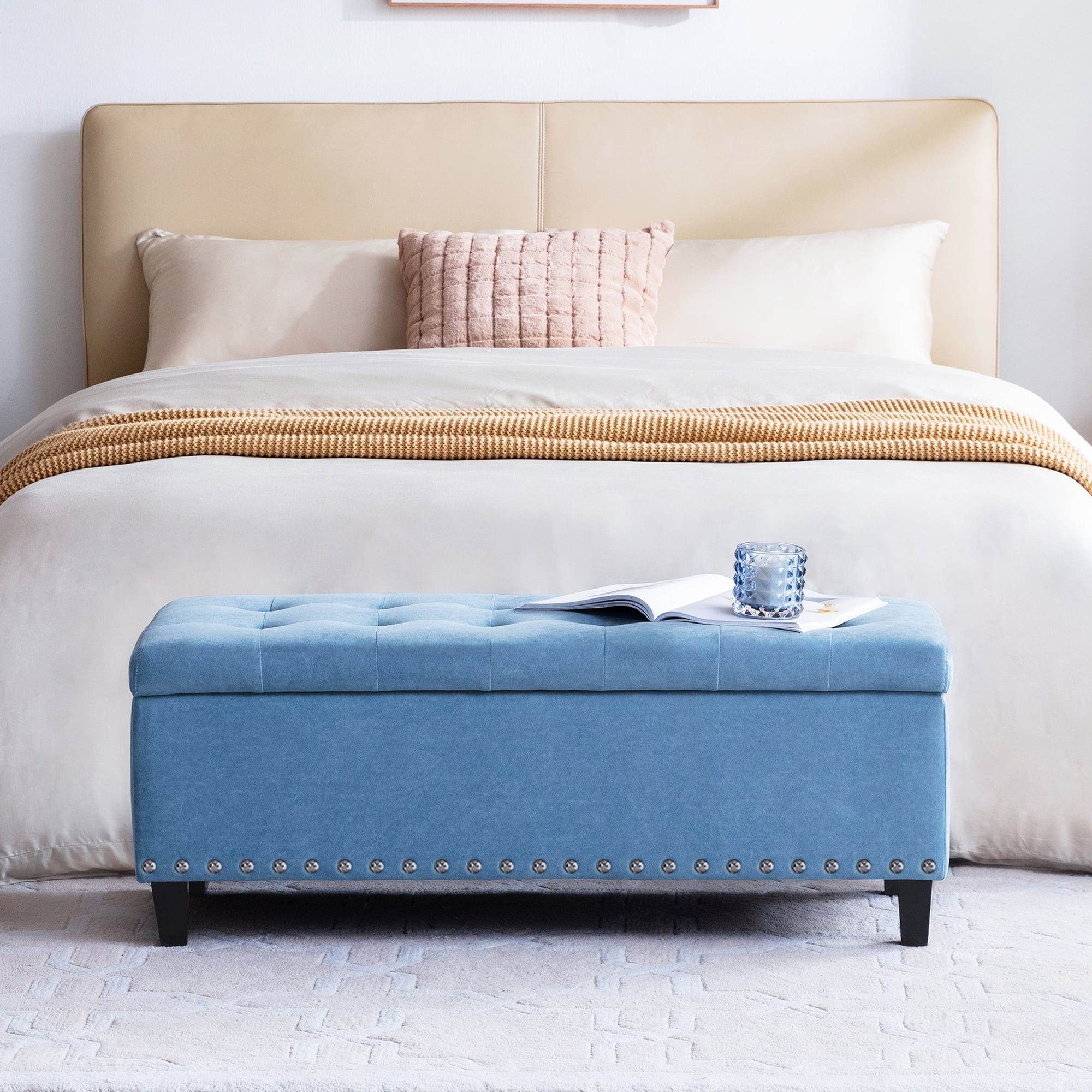 Huimo 41 Inch Button Tufted Ottoman Linen Storage Bench With Safety