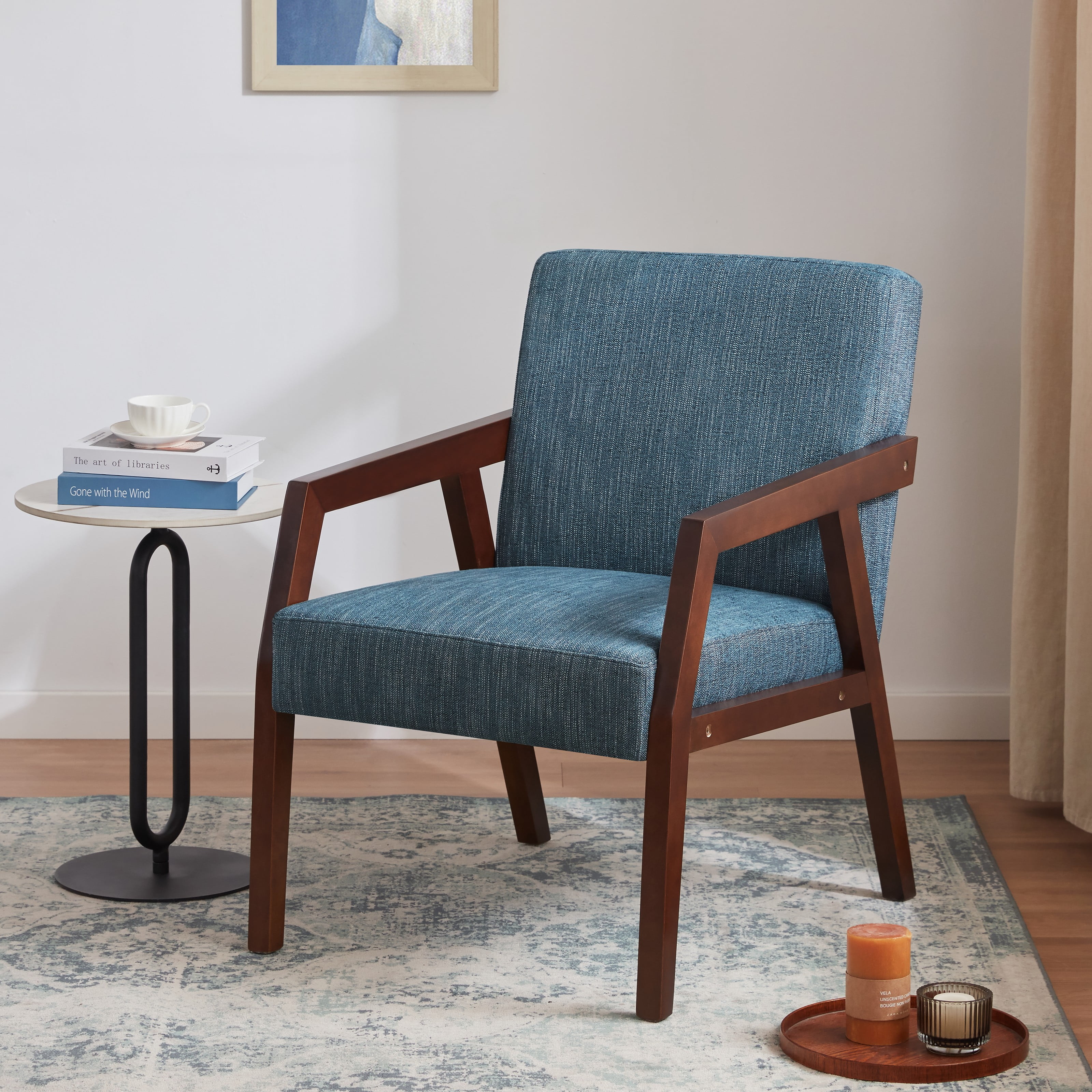 HUIMO Accent Arm Chair Mid Century Upholstered Bedroom Living Room Linen Fabric Navy Blue Walmart
