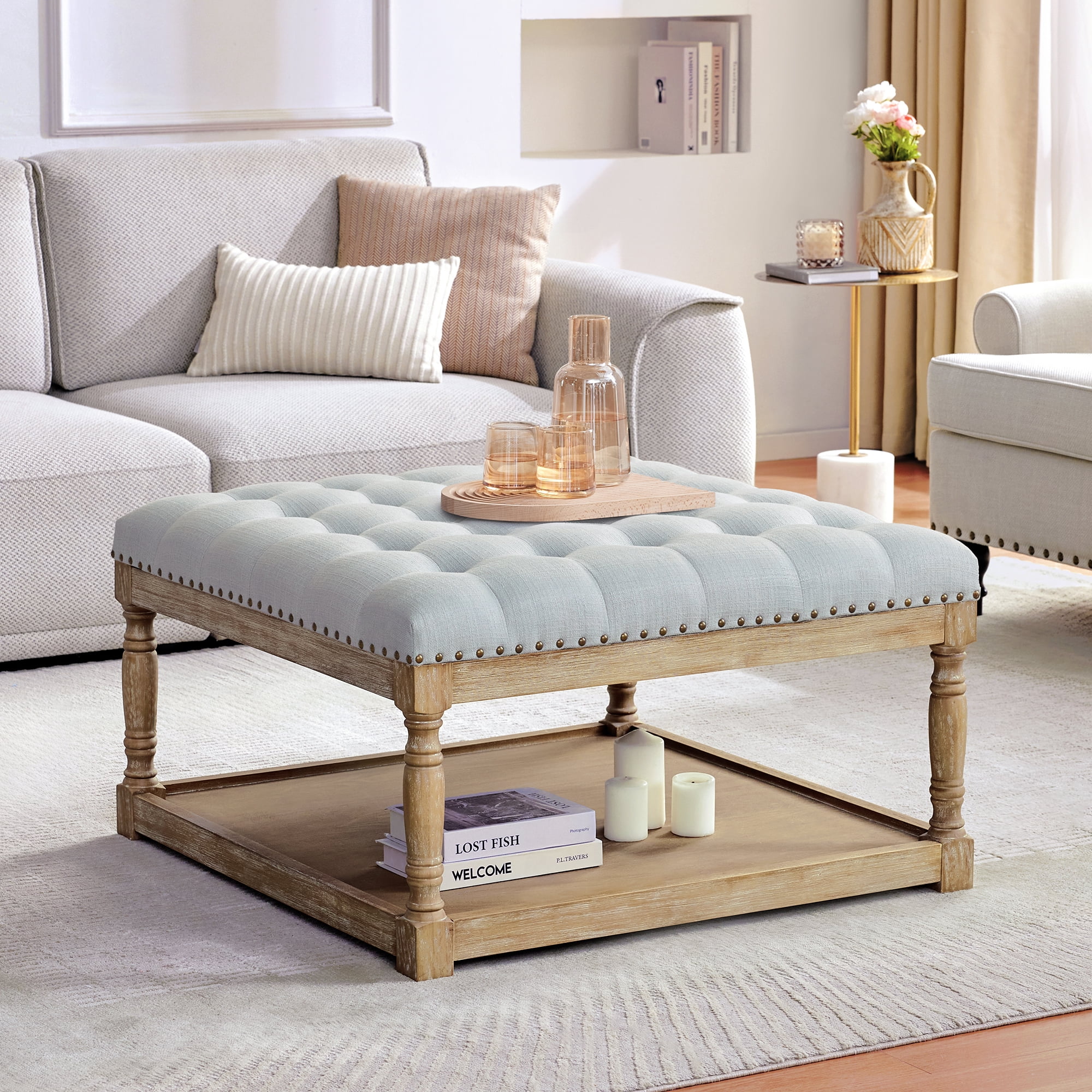 Huimo Large Square Ottoman Coffee Table Button Tufted Linen Footrest