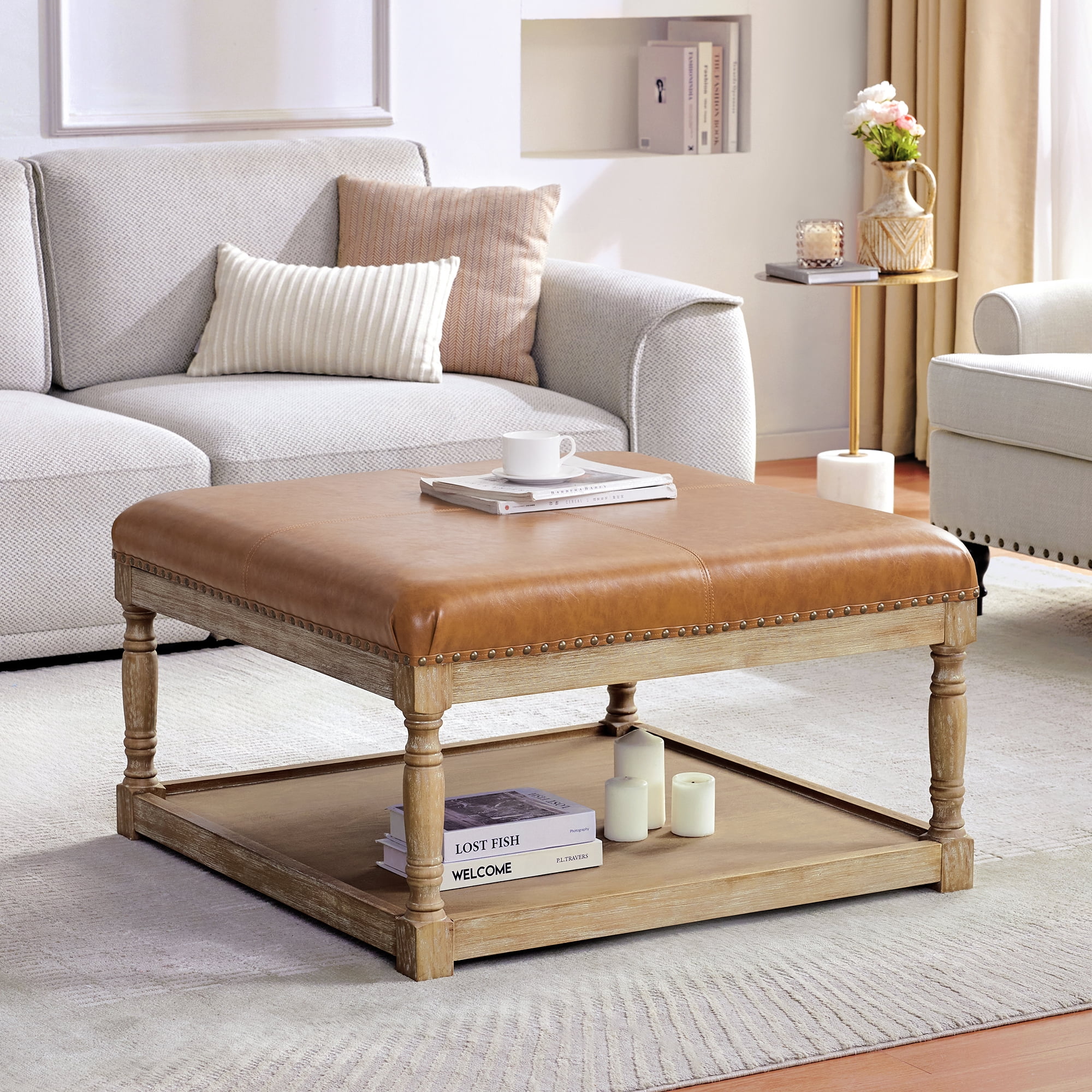 HUIMO Large Ottoman Coffee Table Faux Leather Footstool with Storage Shelf Brown Walmart