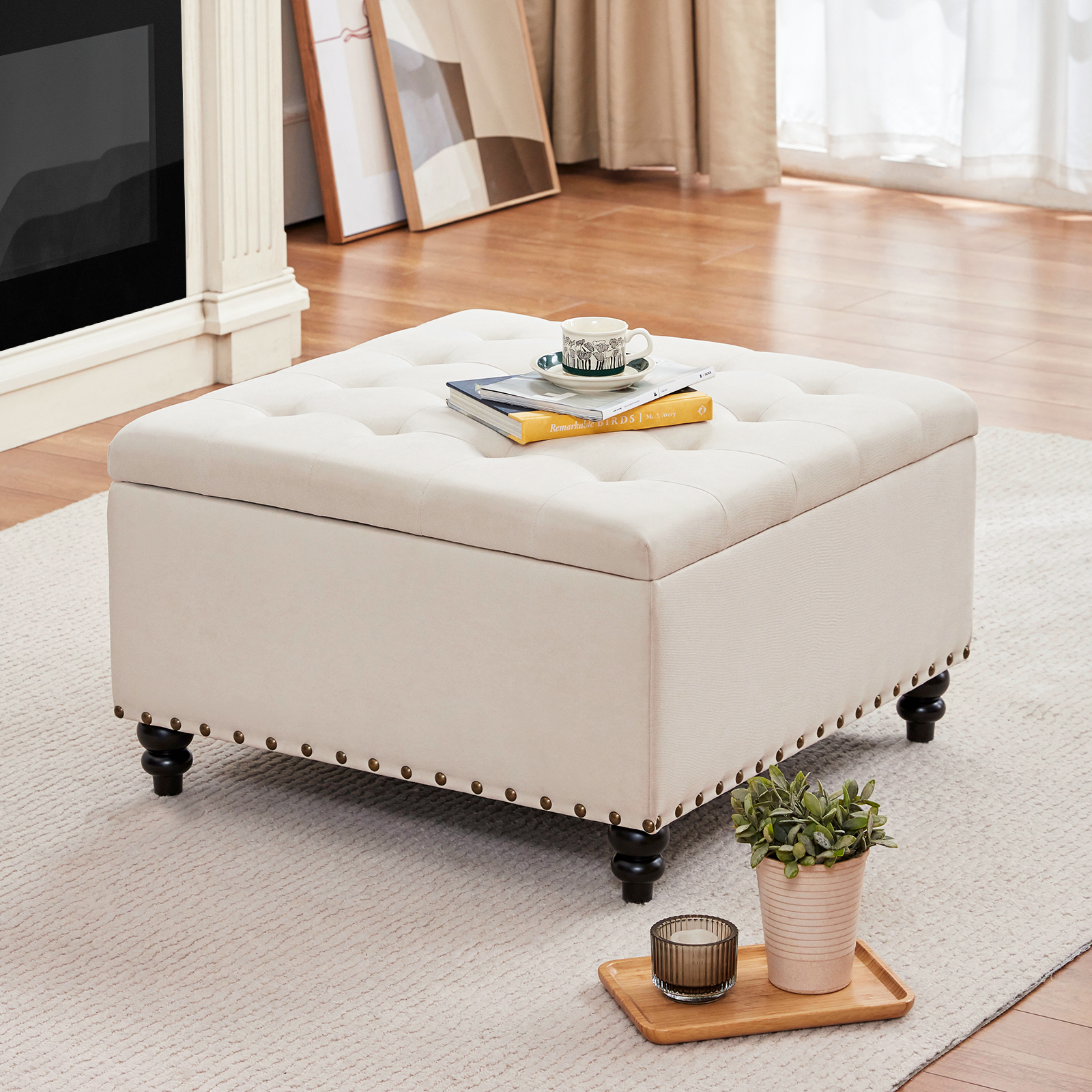 HomePop Cole Classics Square Storage Ottoman Wood Leg- Cream - Walmart.com