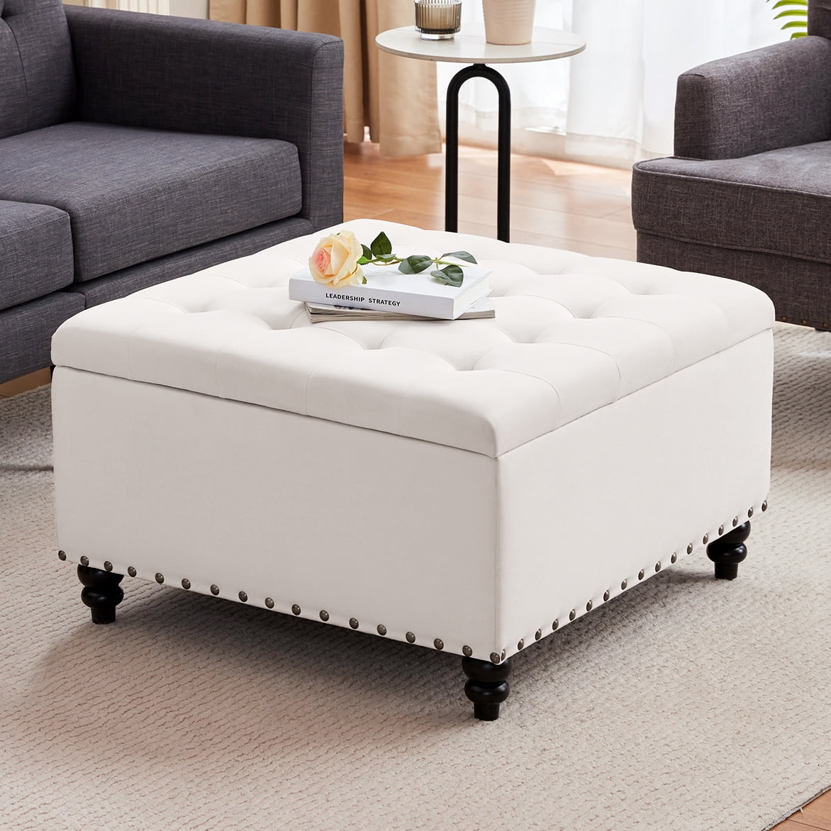 Huimo Large Square Storage Ottoman Bench Tufted Upholstered Coffee